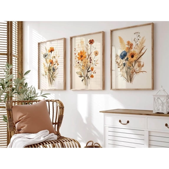 Botanical Floral Wall Art Set of 3 Vintage Wildflower Canvas Wall Decor ...