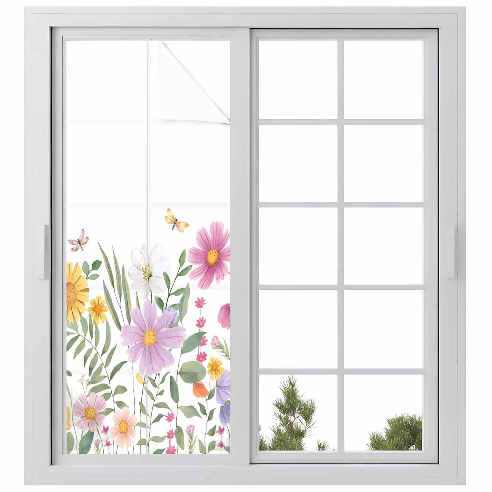 Botanical Floral Window Privacy Film, Spring Colorful Flowers Butterfly ...