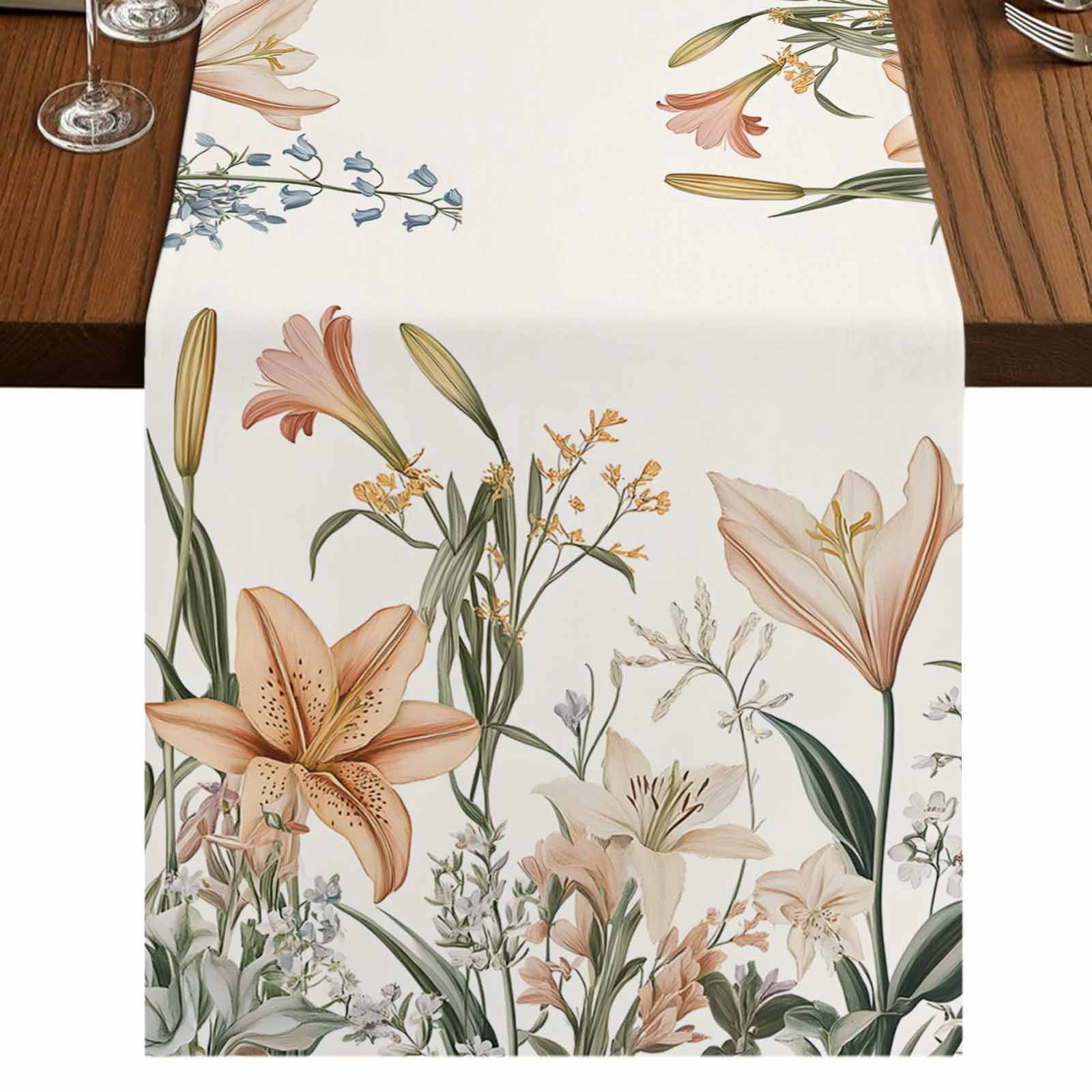 Botanical Flower 60 Inch Table Runner, Spring Watercolor Blooms Leaf ...