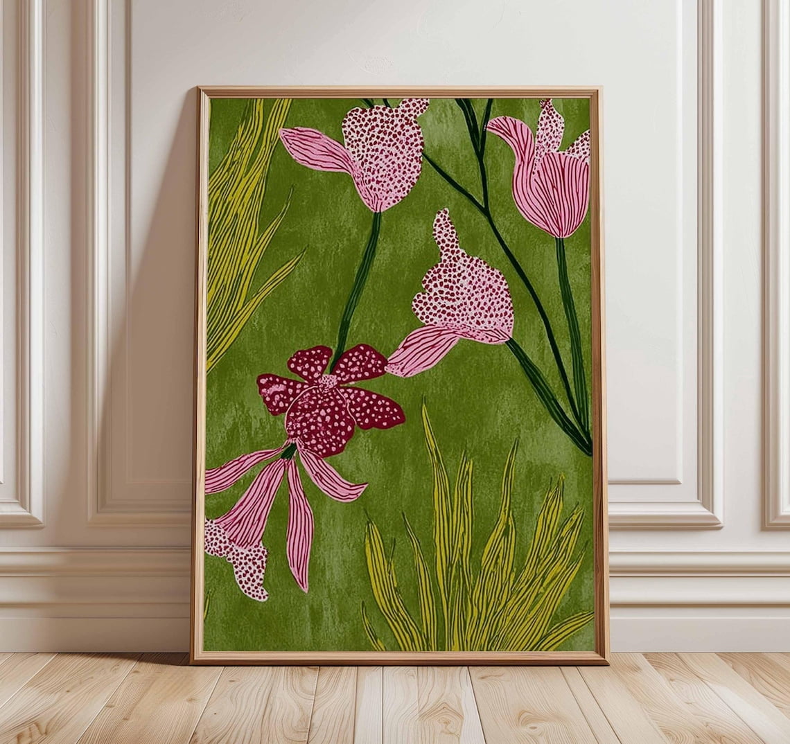 Botanical Flower Art Pink Burgundy Floral Illustration Home Decor ...