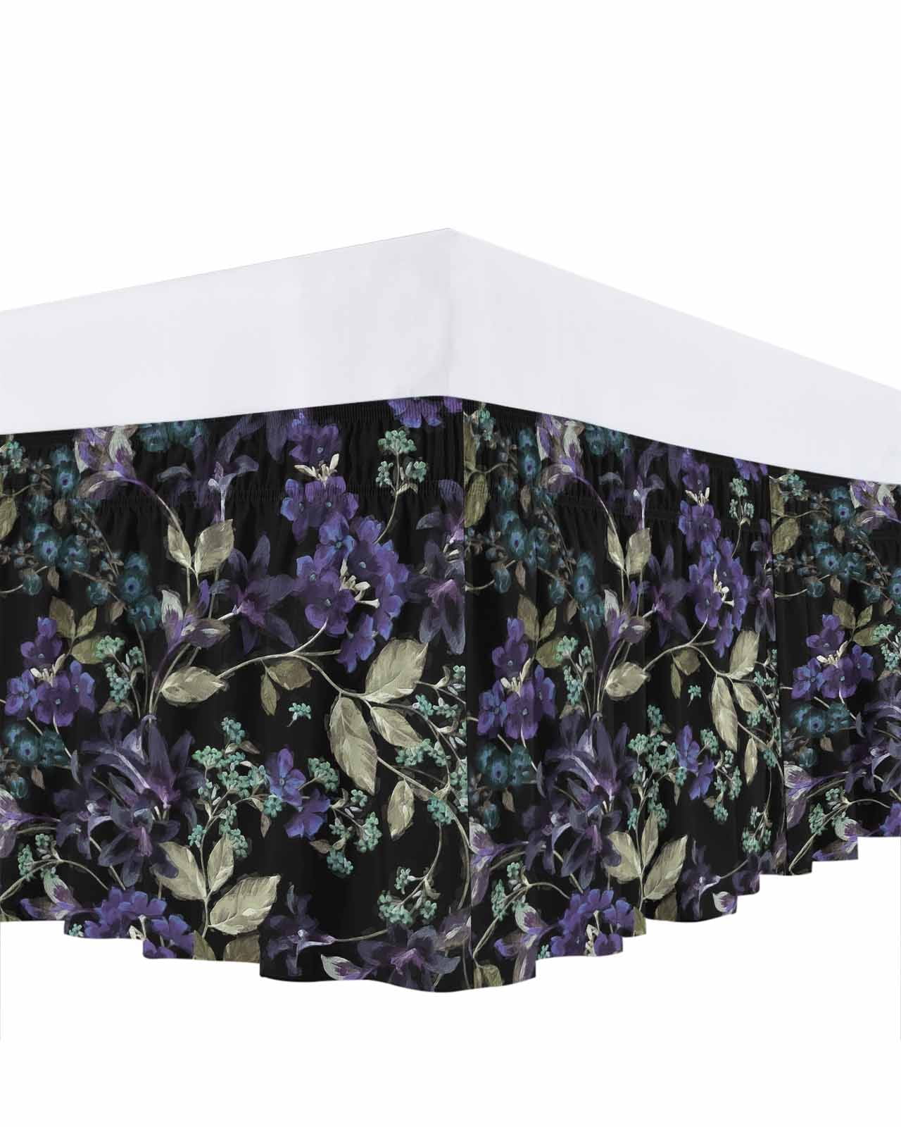 Botanical Flower Bed Skirt California King Size 16" Drop Purple Flower ...