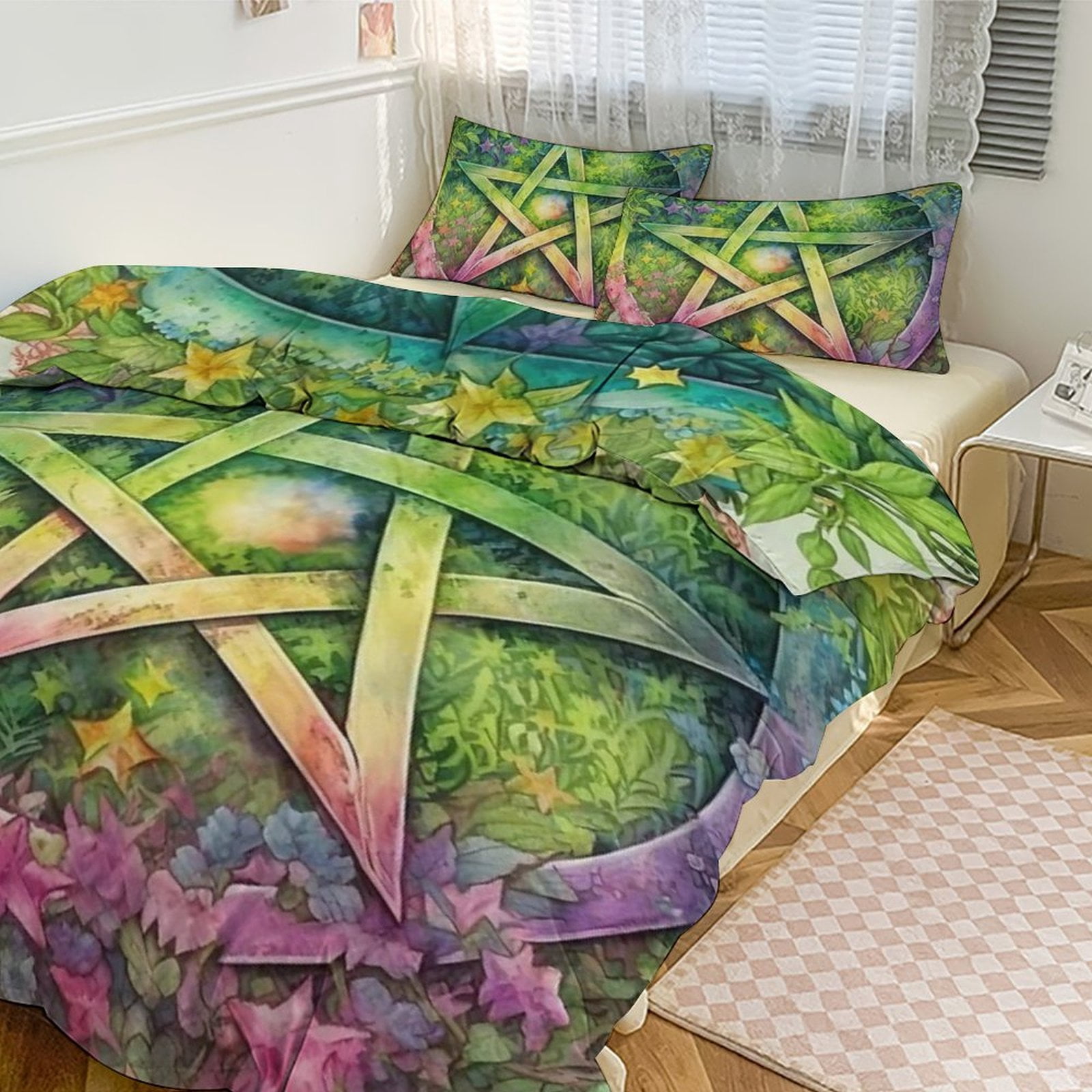 Botanical Flower Garden Pagan Pentagram 102"x90"3 Pcs Soft Bedding Set ...
