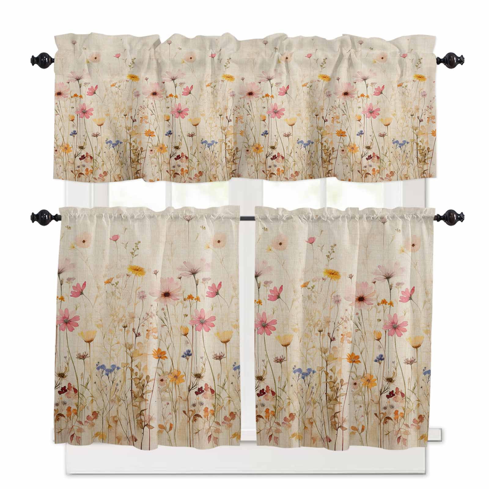 Botanical Flower Kitchen Curtains and Valances Set, 3 Piece Kitchen ...