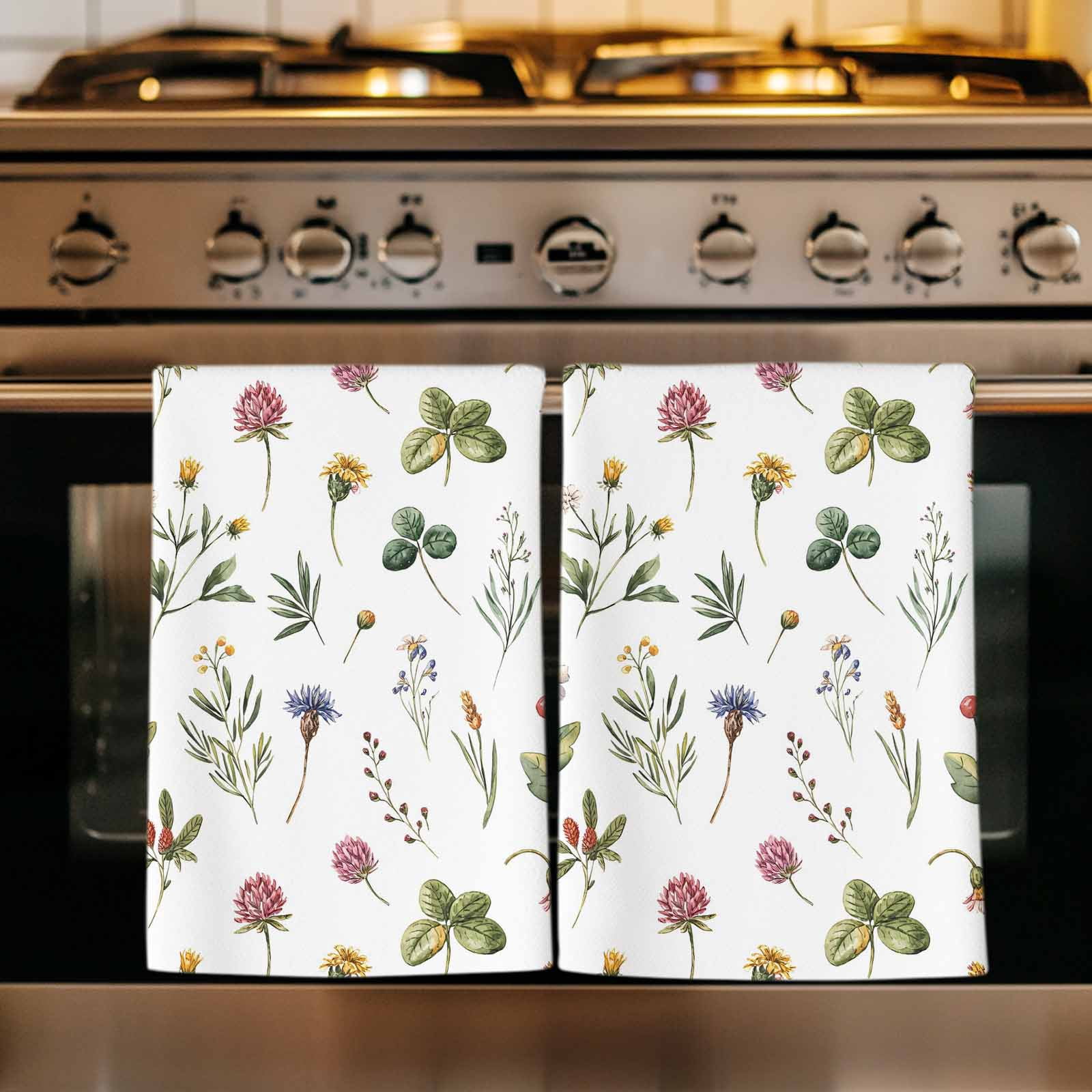 Botanical Flower Kitchen Towels Set of 3, Spring Watercolor Floral Leaf ...