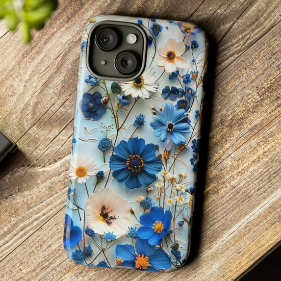 Botanical Flower Print Blue Floral Protector with iPhone 17 to 11 Pro ...