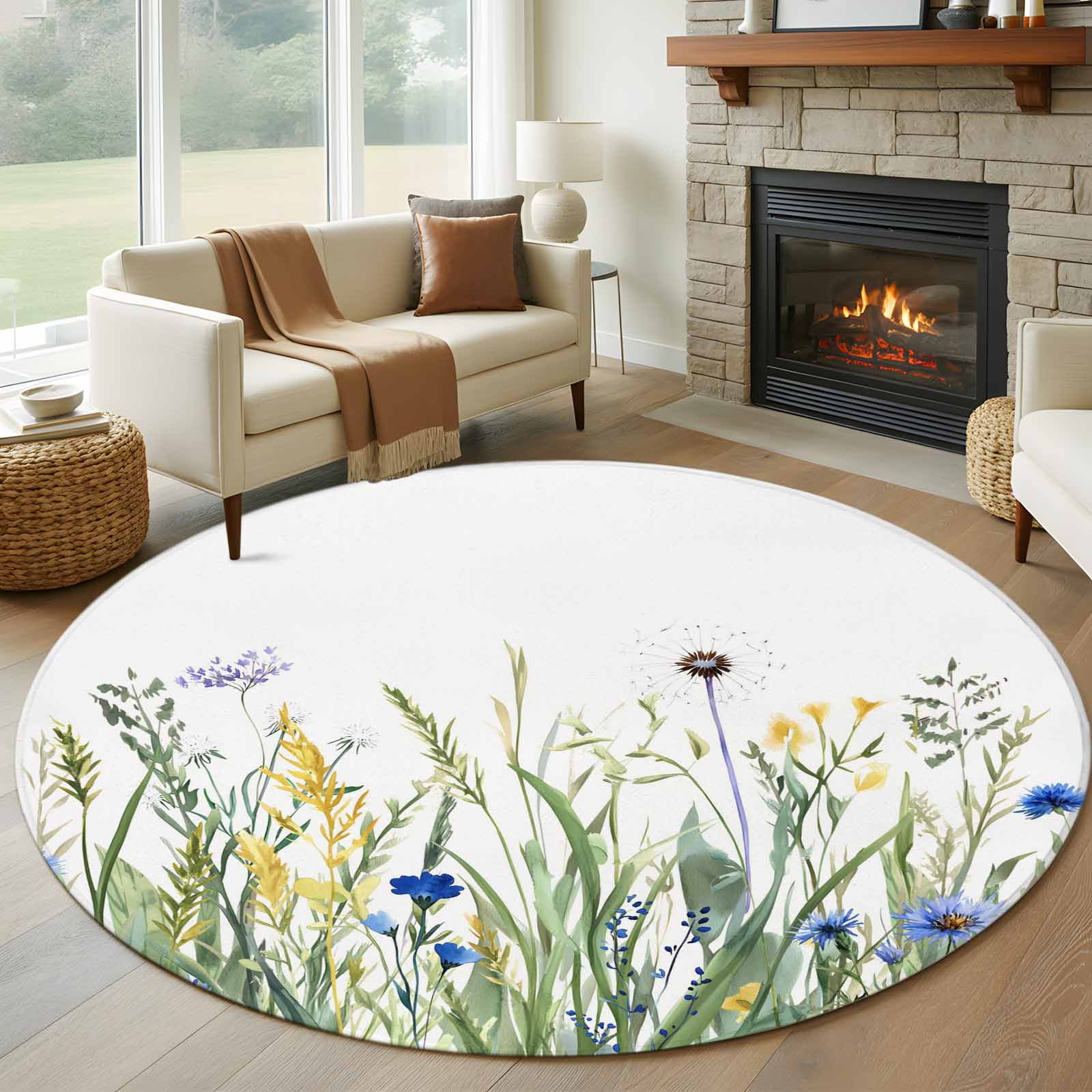 Botanical Flower Round Area Rug 7 FT,Non Slip Living Room Area Carpet ...