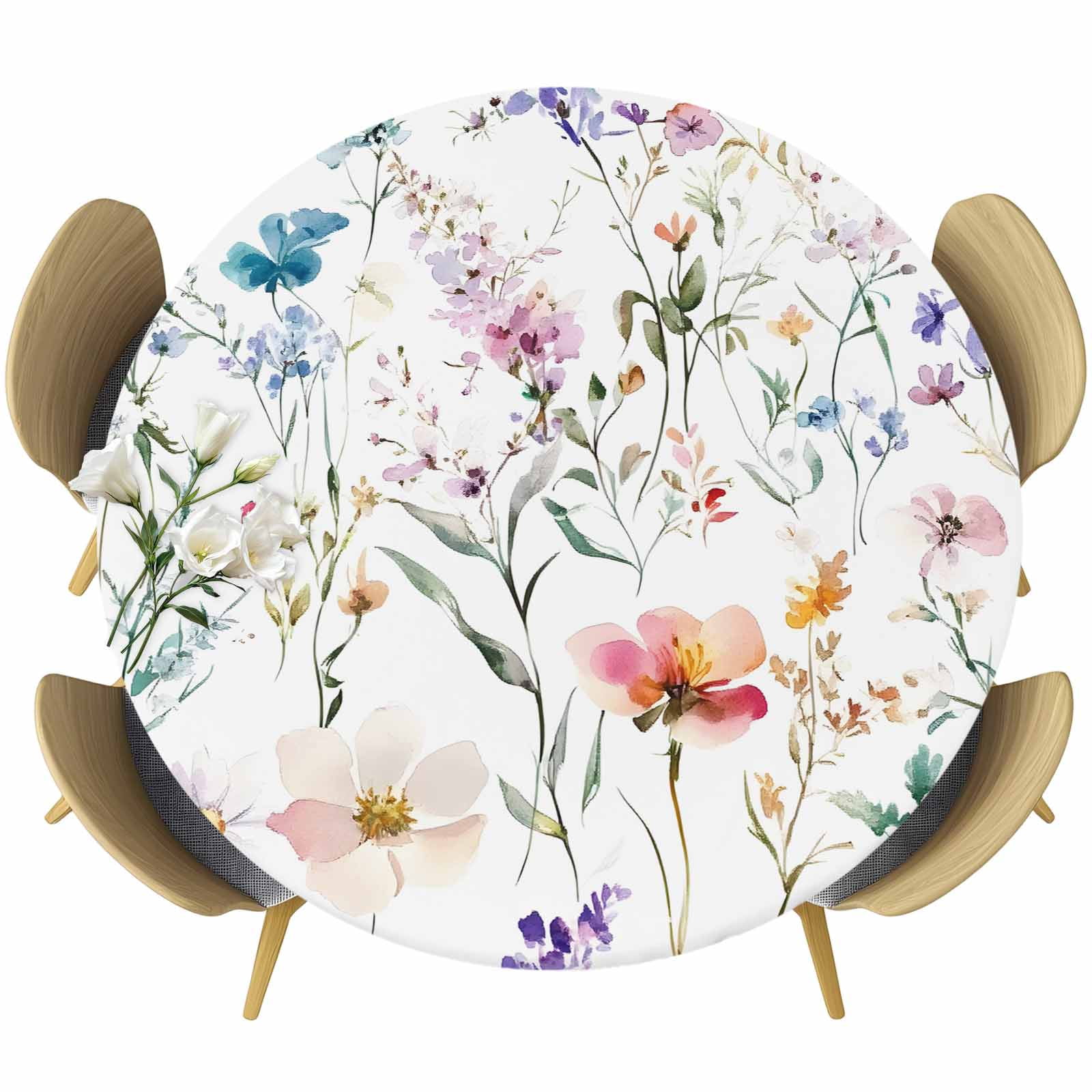 Botanical Flower Round Tablecloth 55-60 Inch Round Fitted Table Cloth ...