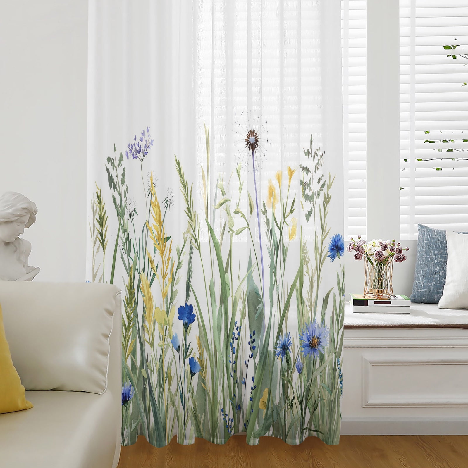 Botanical Flower Sheer Curtains 45 Inch Length, Light Filtering Voile ...