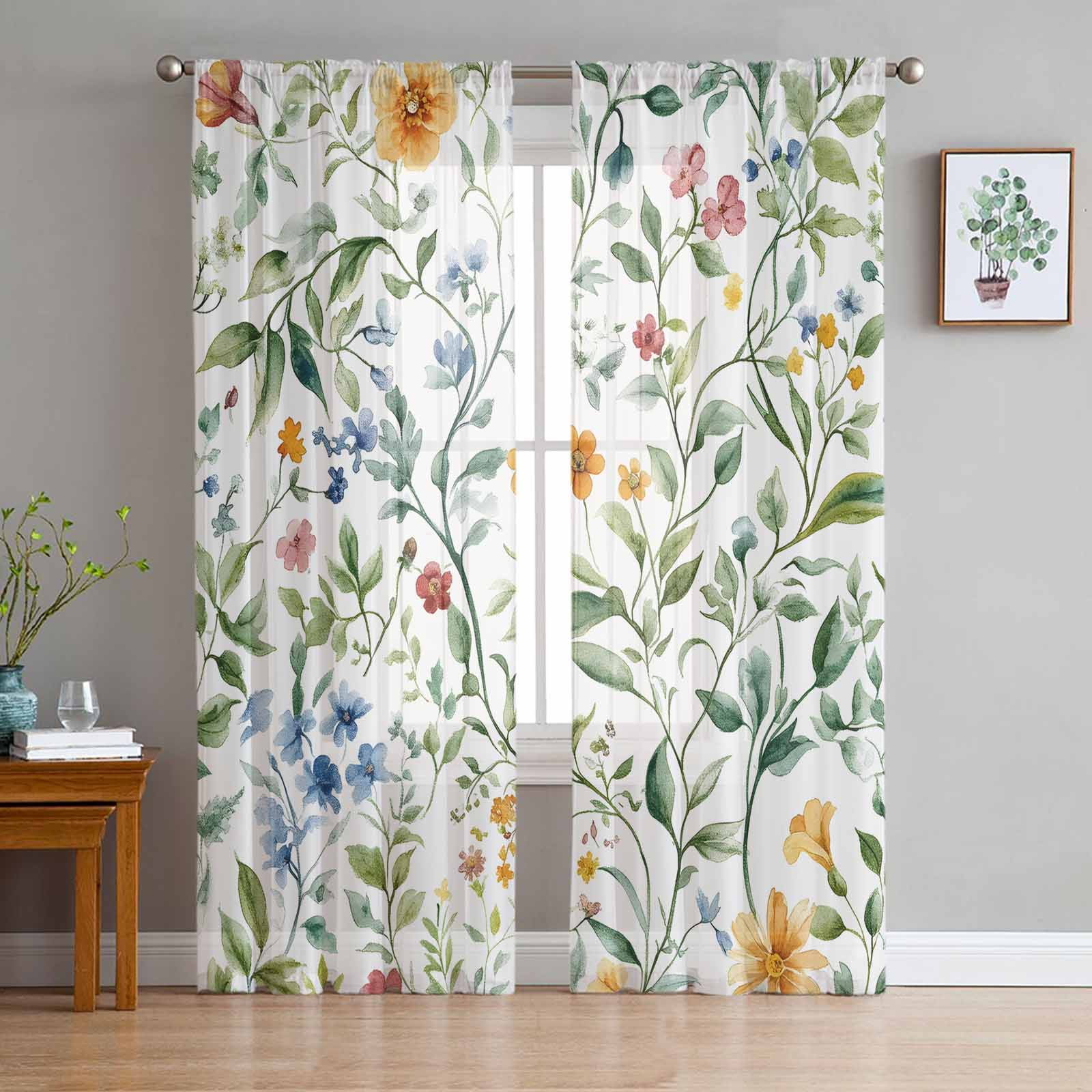 Botanical Flower Sheer Curtains 72 Inches Long 2 Panels Set, Window ...