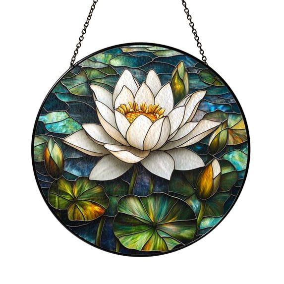 Botanical Flower Stained Glass Style Window Suncatcher, Lotus Art Panel ...