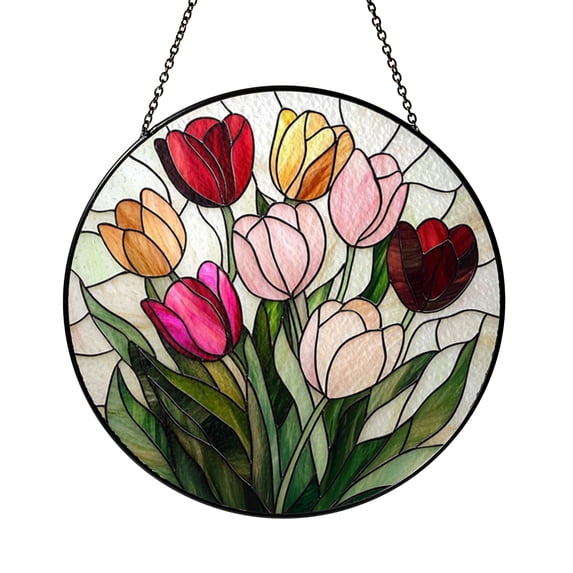 Botanical Flower Stained Glass Style Window Suncatcher, Tulip Art Panel ...