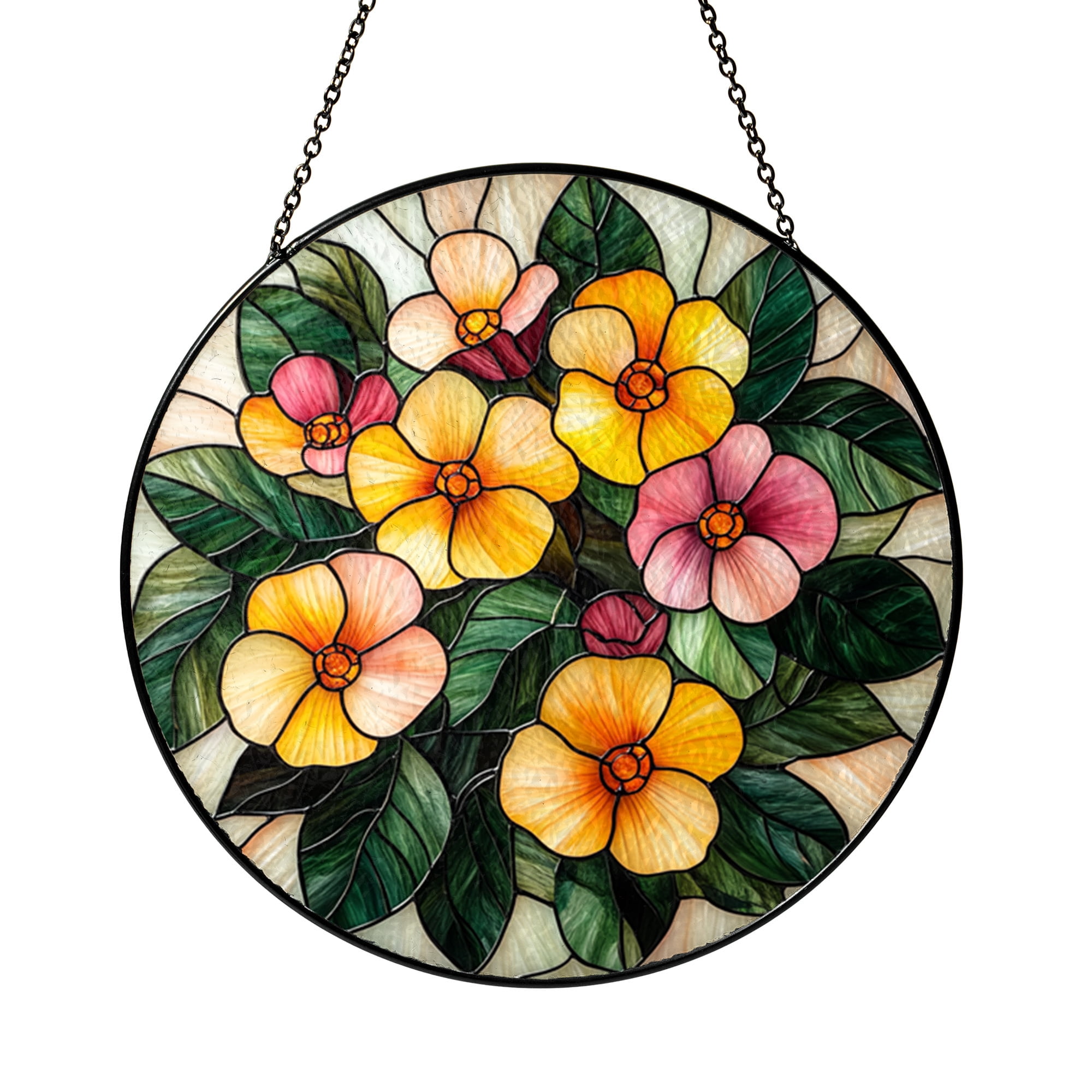 Botanical Flower Stained Glass Window Decor – Round Hanging Art ...