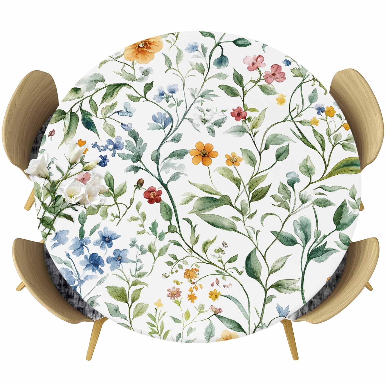 Botanical Flower Table Cloth, Round Fitted Tablecloths with Elastic ...