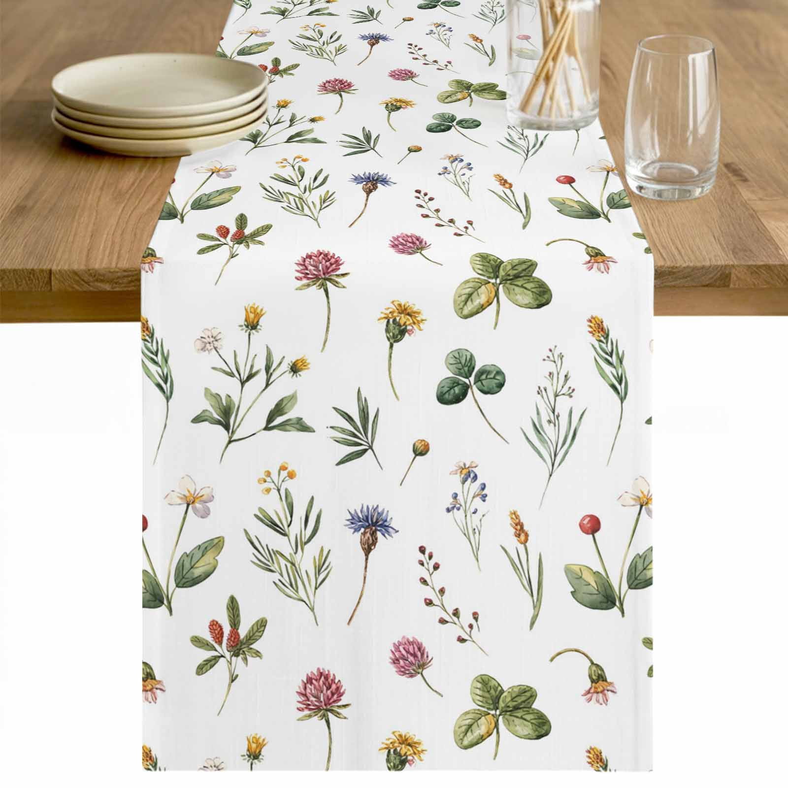 Botanical Flower Table Runner - 108 Inch Long Spring Watercolor Floral ...