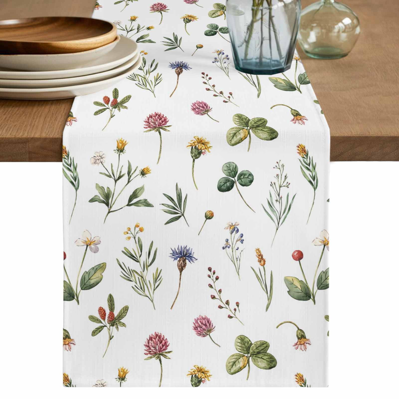 Botanical Flower Table Runner 108 Inches, Spring Watercolor Floral Leaf ...
