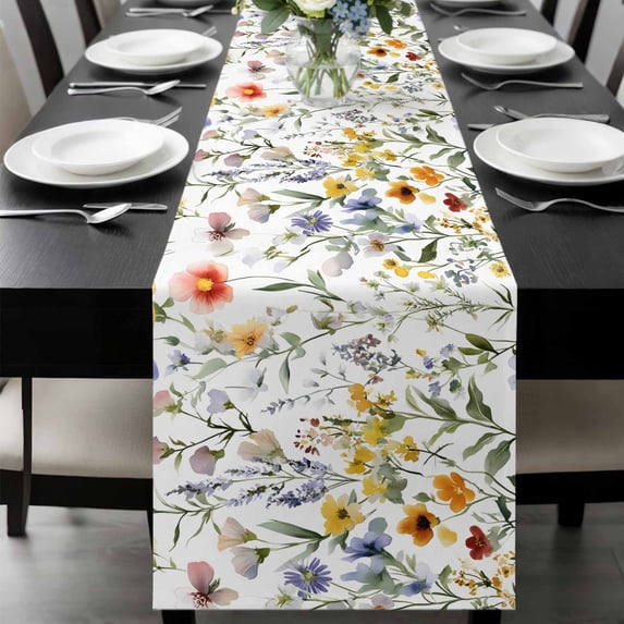 Botanical Flower Table Runner 72 Inches Long, Watercolor Retro Spring ...