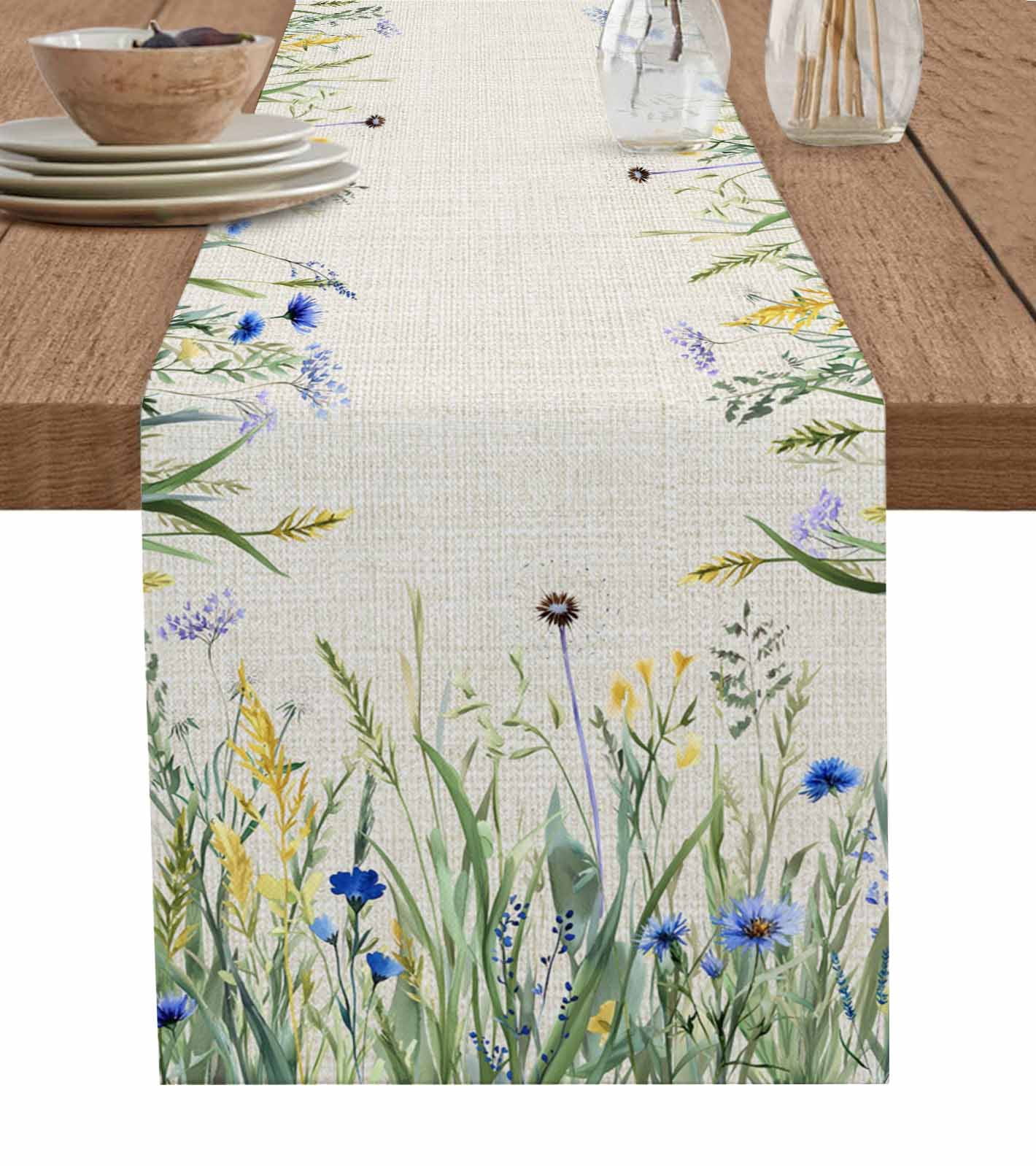 Botanical Flower Table Runner 72 Inches, Watercolor Floral Herbs ...