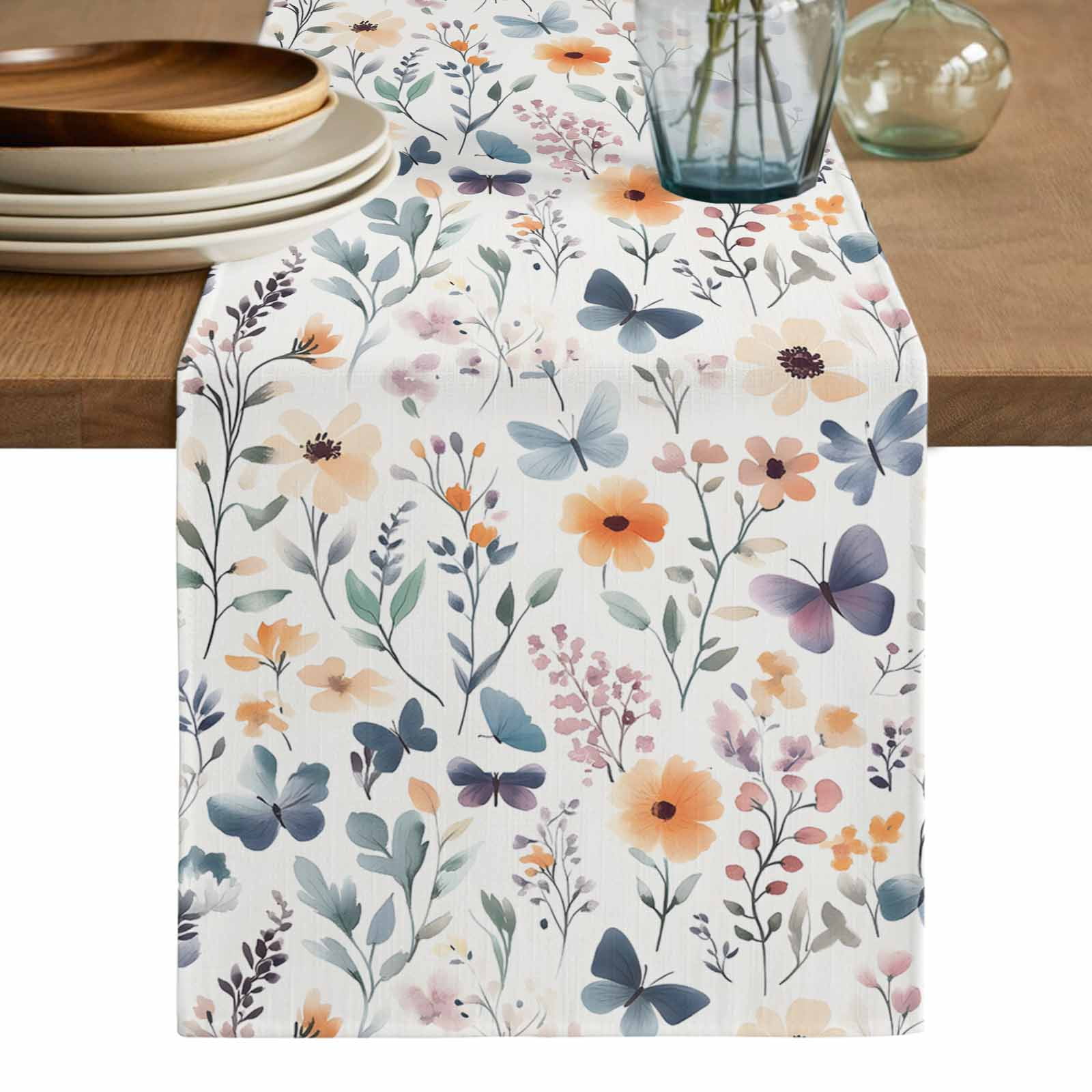 Botanical Flower Table Runner, Country Farm Butterfly Spring Plant ...