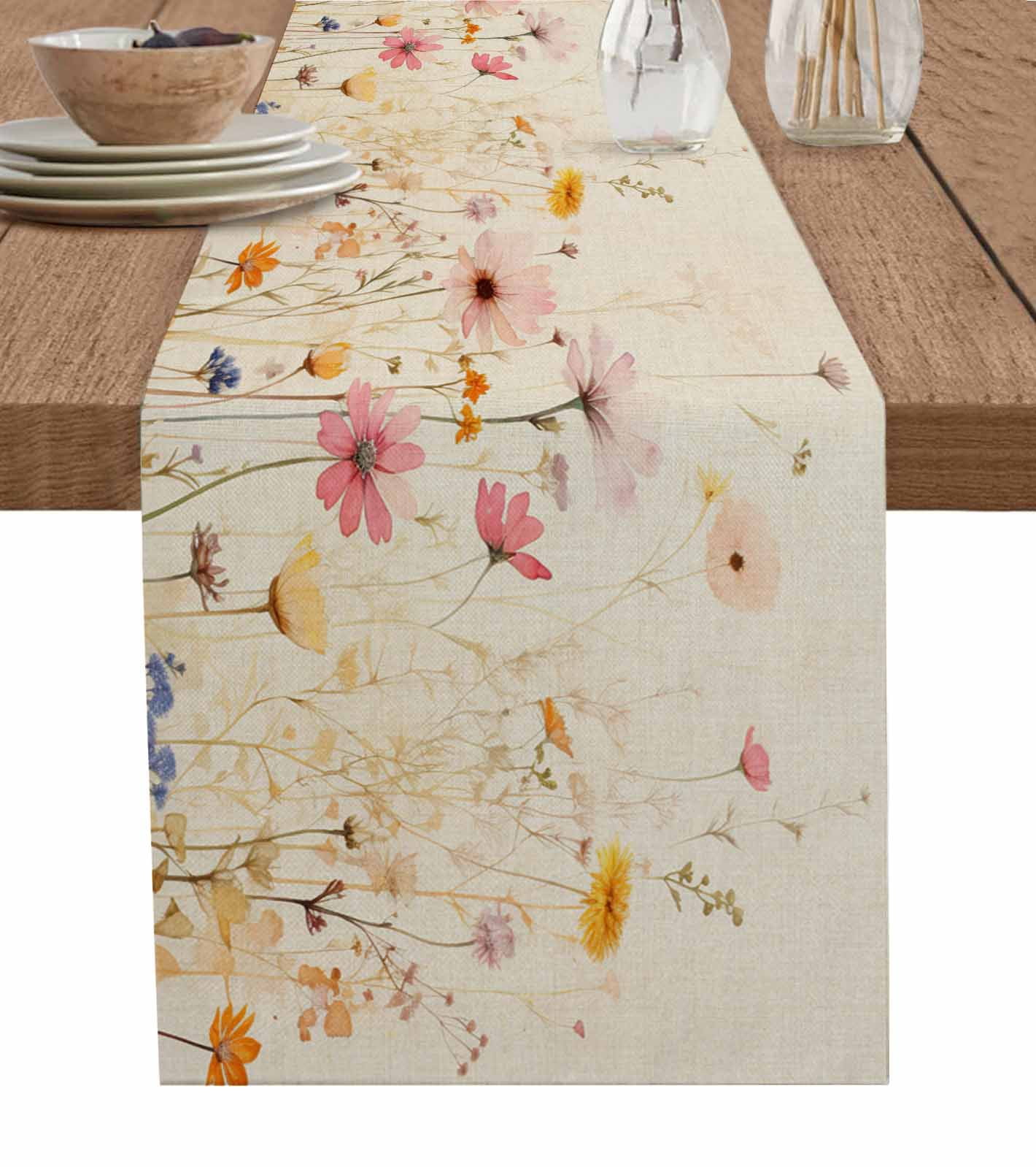 Botanical Flower Table Runner Retro Colored Spring Floral Herb ...