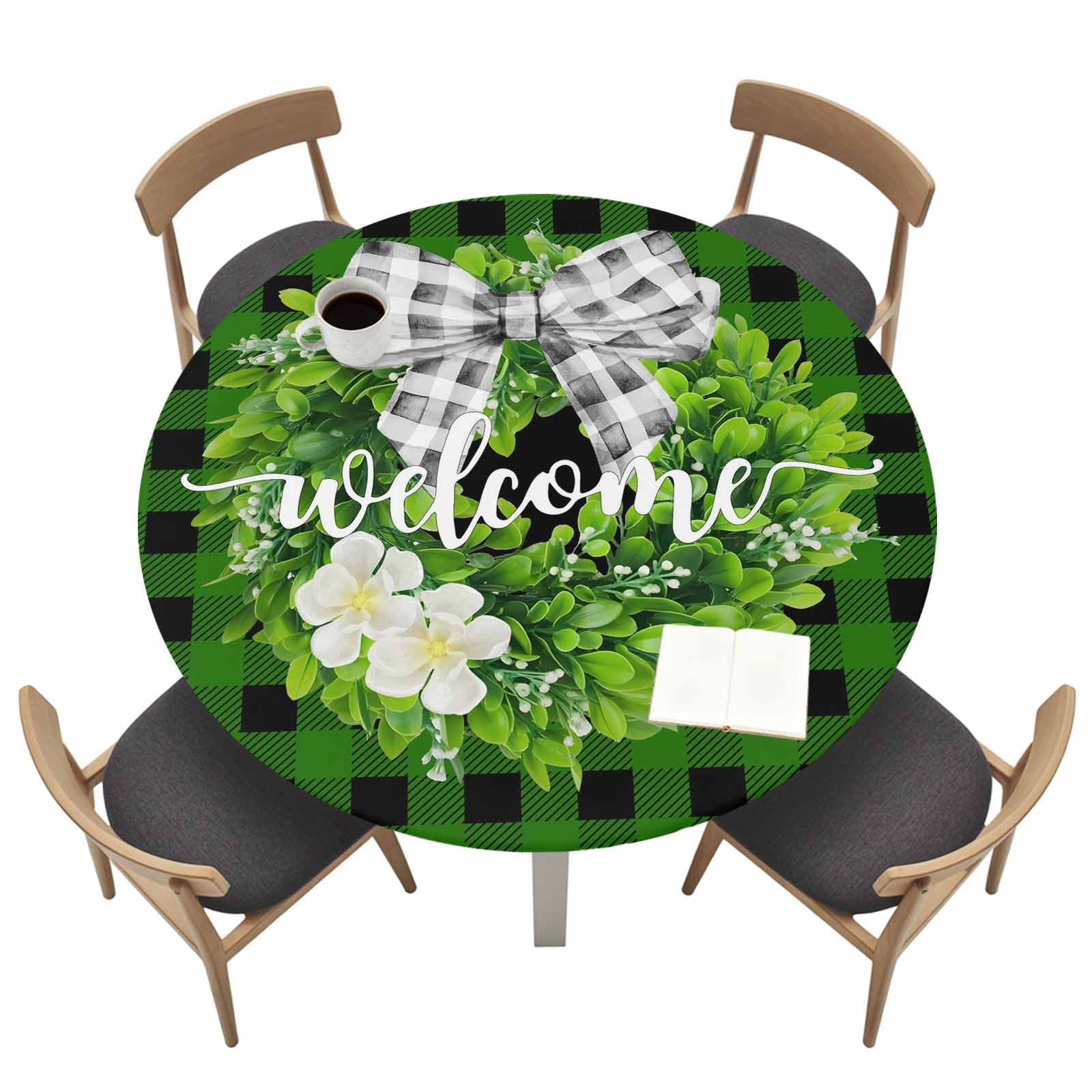 Botanical Flower Wreath Fitted Tablecloth with Elastic Edged, Round ...