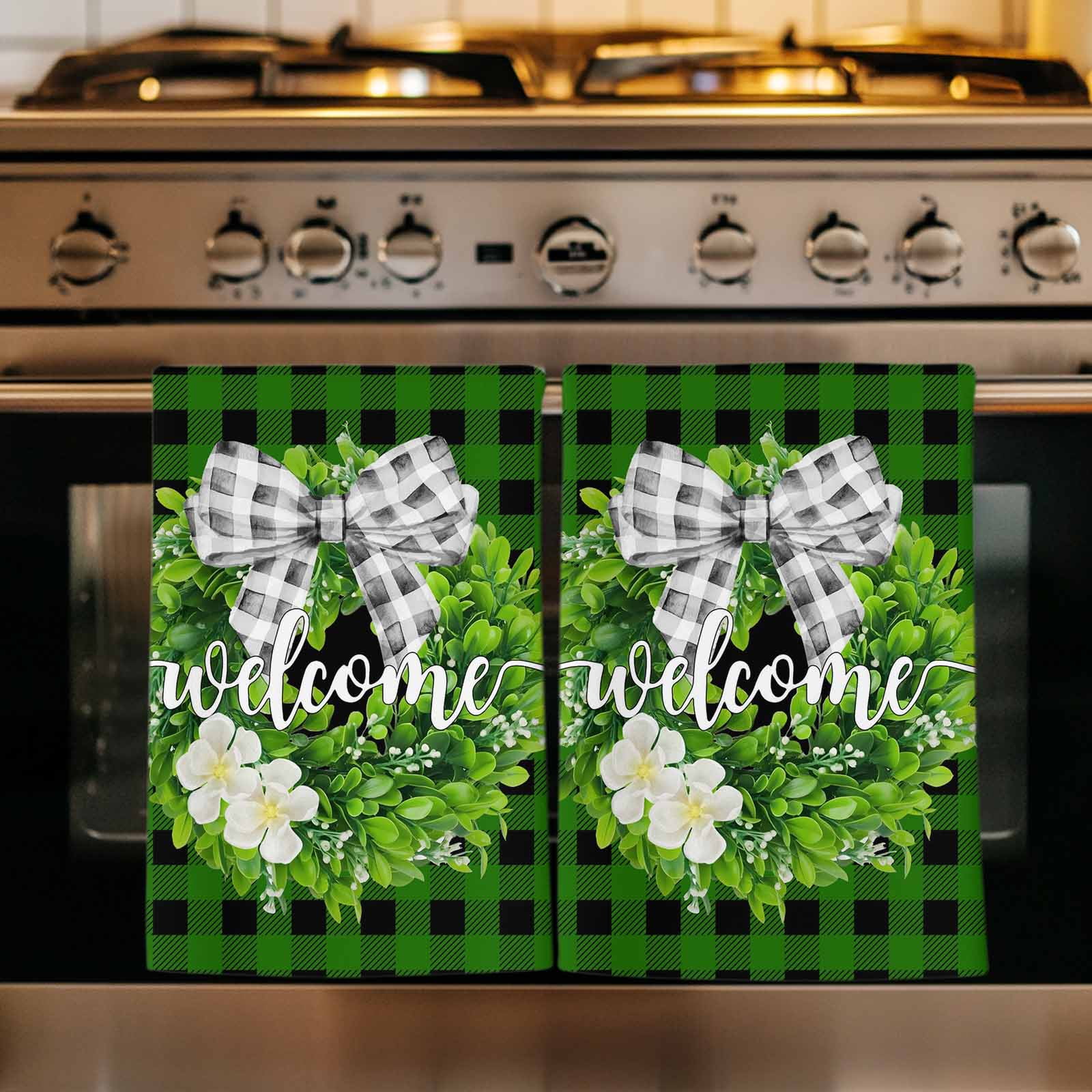 Botanical Flower Wreath Kitchen Towels Set of 2, Rustic Bow-Knot Green ...