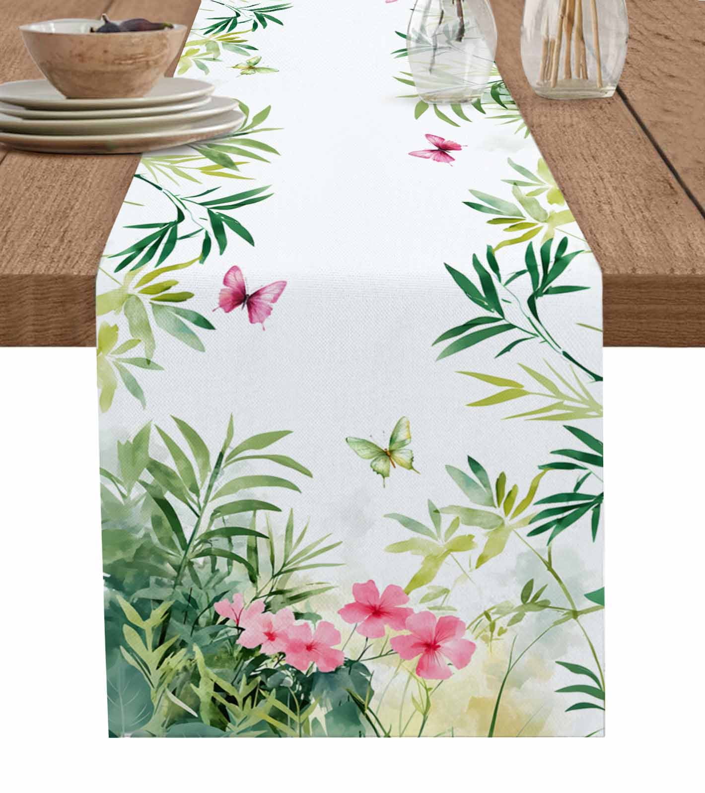 Botanical Flowers Burlap Cotton Table Runner 13x120 Inches Long, Summer ...