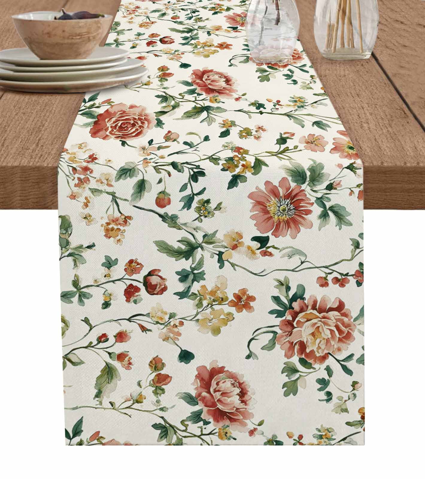 Botanical Flowers Burlap Cotton Table Runner 13x120 Inches Long ...