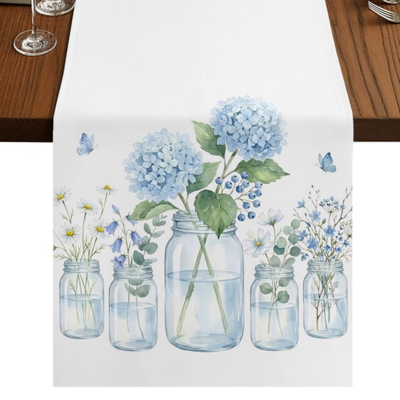 Botanical Flowers Burlap Cotton Table Runner 13x36 Inches Short, Sky ...