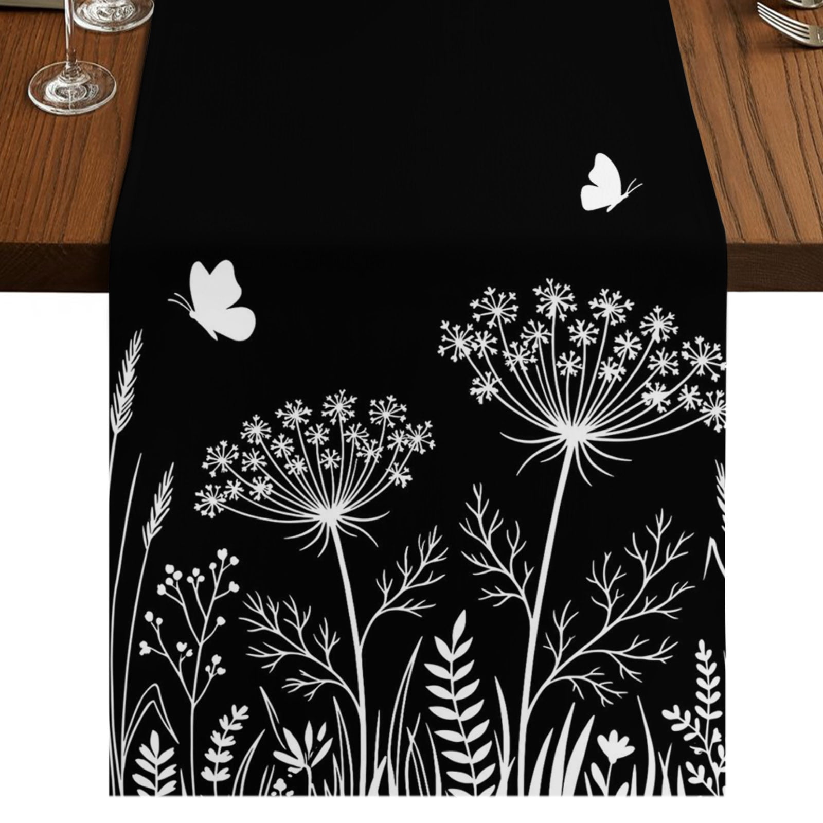 Botanical Flowers Burlap Cotton Table Runner 13x72 Inches Long, Black ...