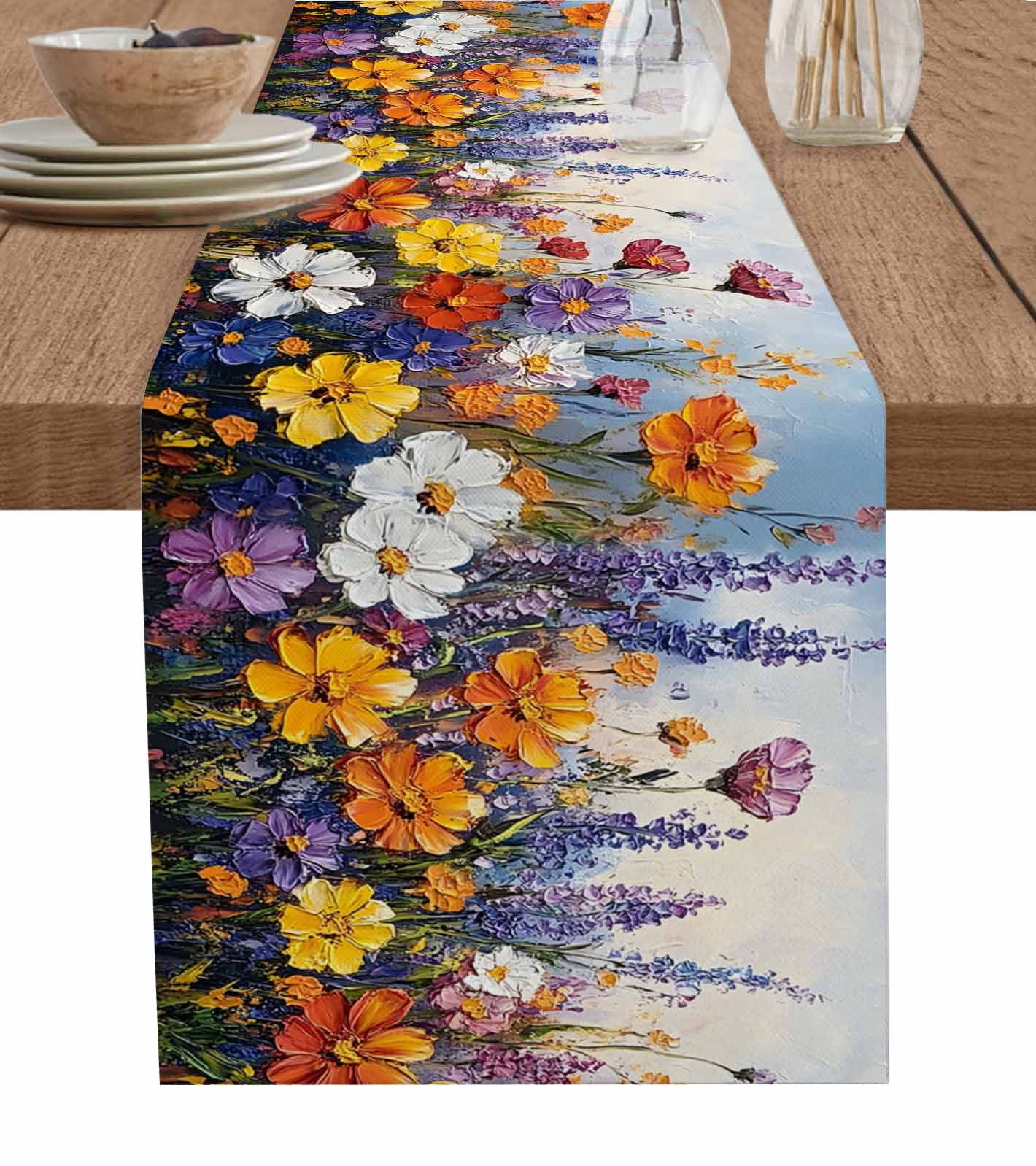 Botanical Flowers Burlap Cotton Table Runner 16x72 Inches Long ...