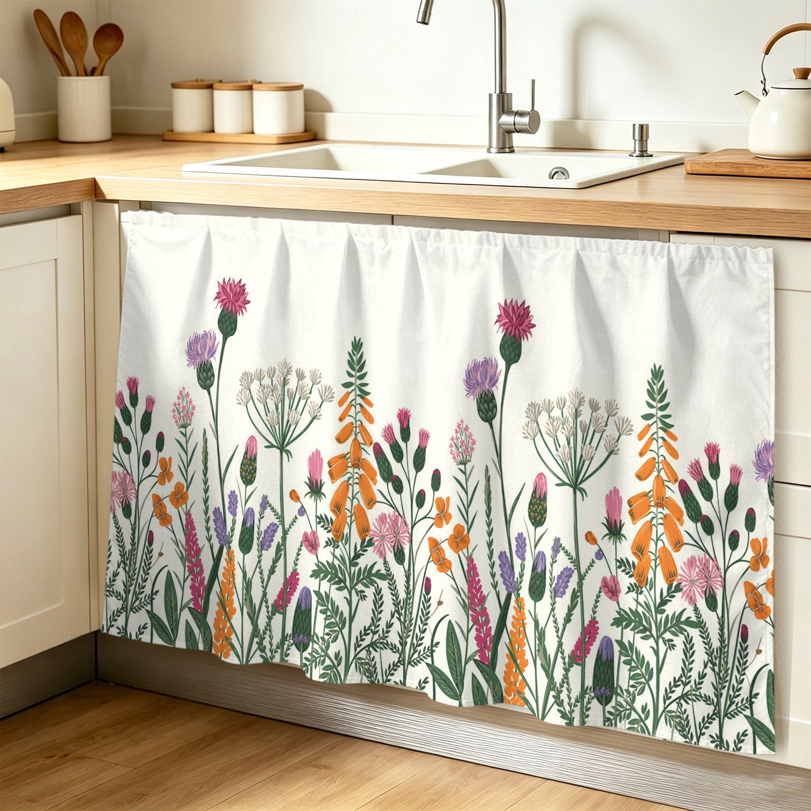 Botanical Flowers Cabinet Curtains for Shelves, Country Watercolor ...
