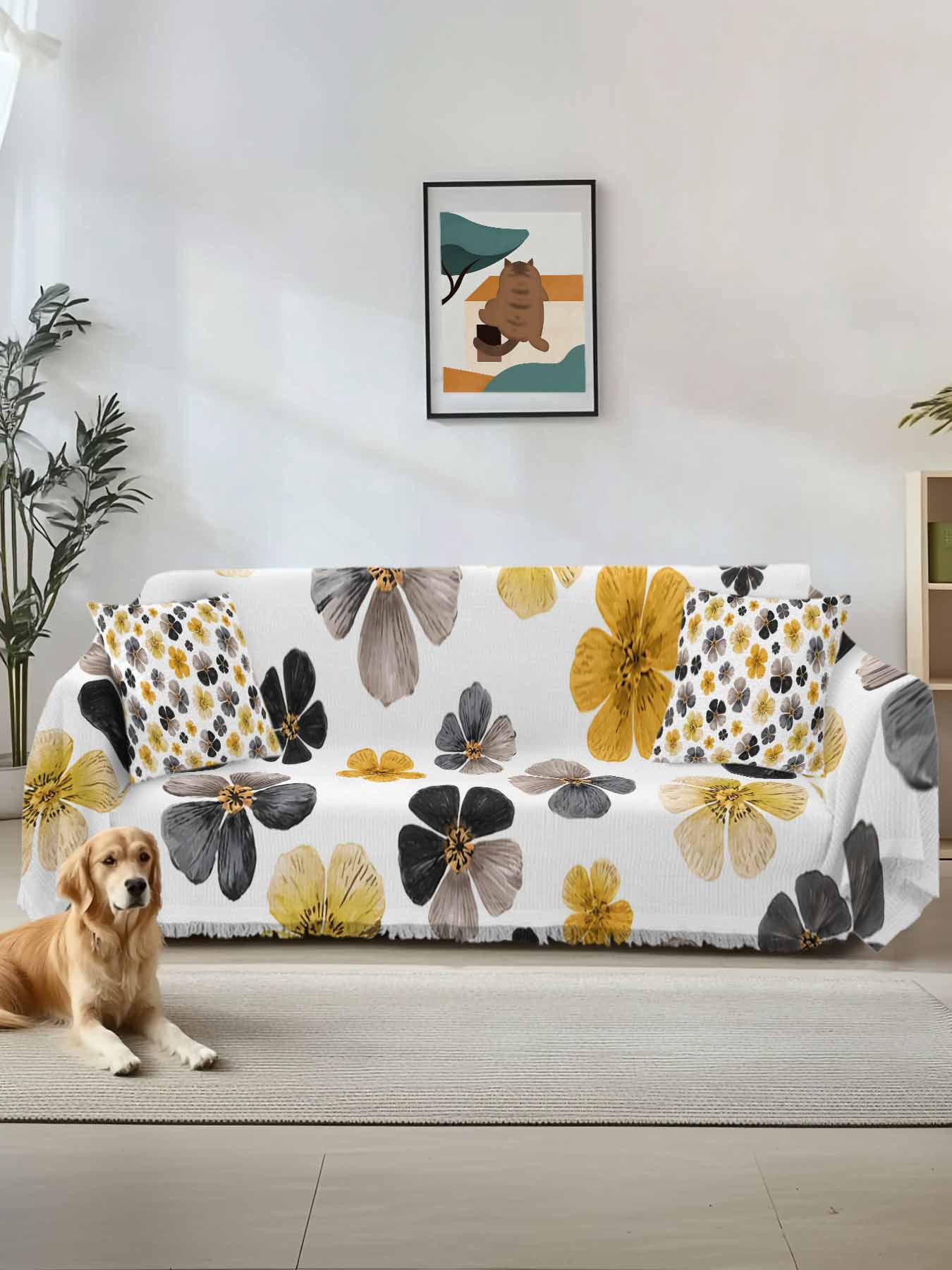 Botanical Flowers Couch Cover, Farmhouse Yellow Gray Floral Plants ...