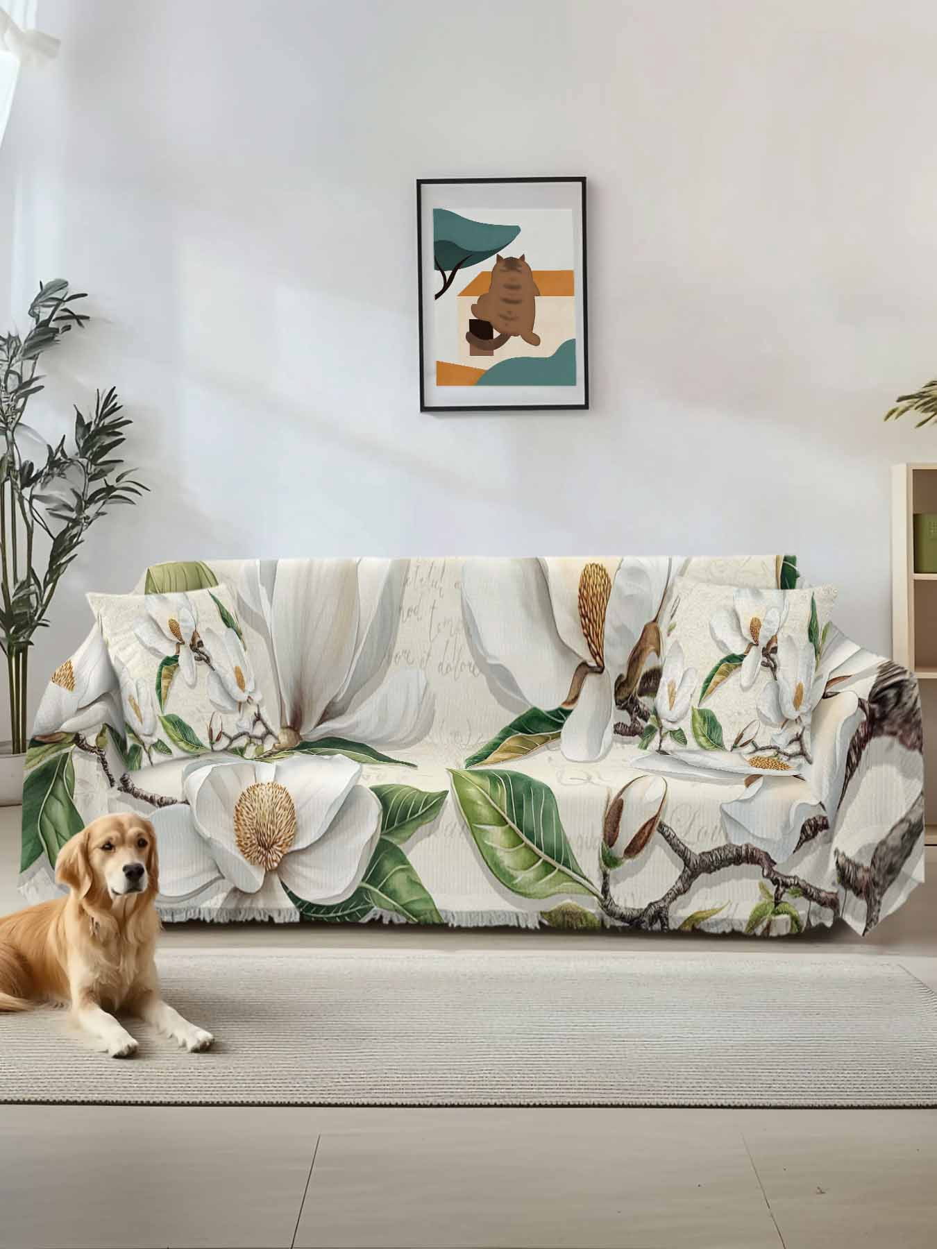 Botanical Flowers Couch Cover, Vintage Rustic White Floral Leaves Sofa ...