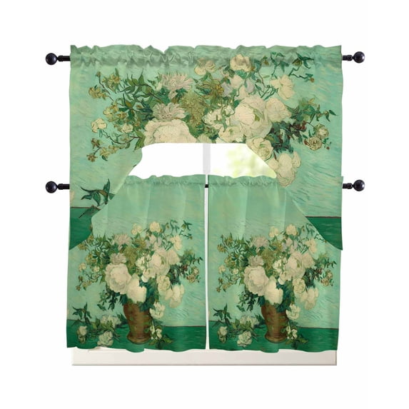 Botanical Flowers Kitchen Curtains Set for Windows 3 Piece Cafe ...
