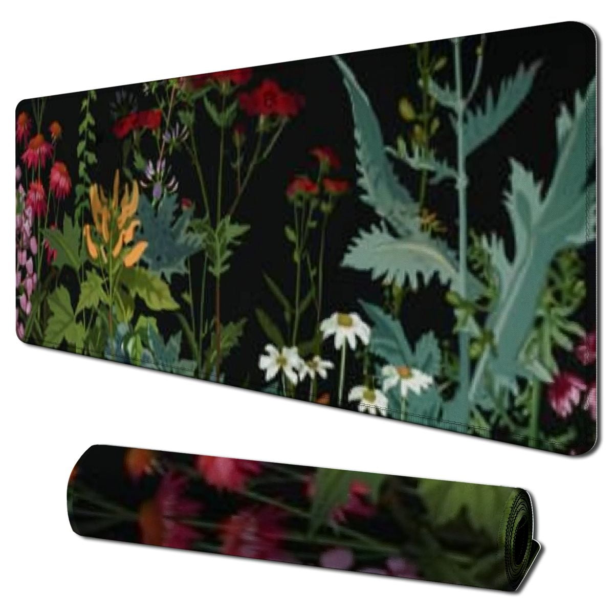 Botanical Flowers Mouse Pad XL Aesthetic Wildflowers Plants Black Green ...