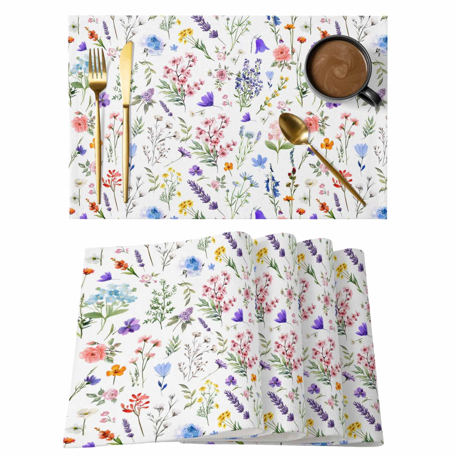 Botanical Flowers Placemats Set of 6, Watercolor Floral Plants Country ...