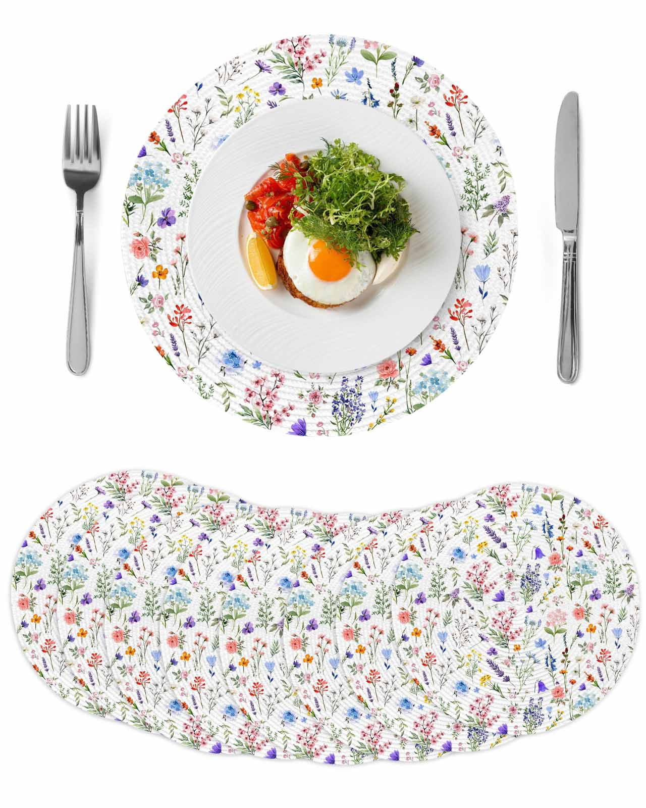 Botanical Flowers Round 13 Inch Placemats Set of 8, Watercolor Floral ...