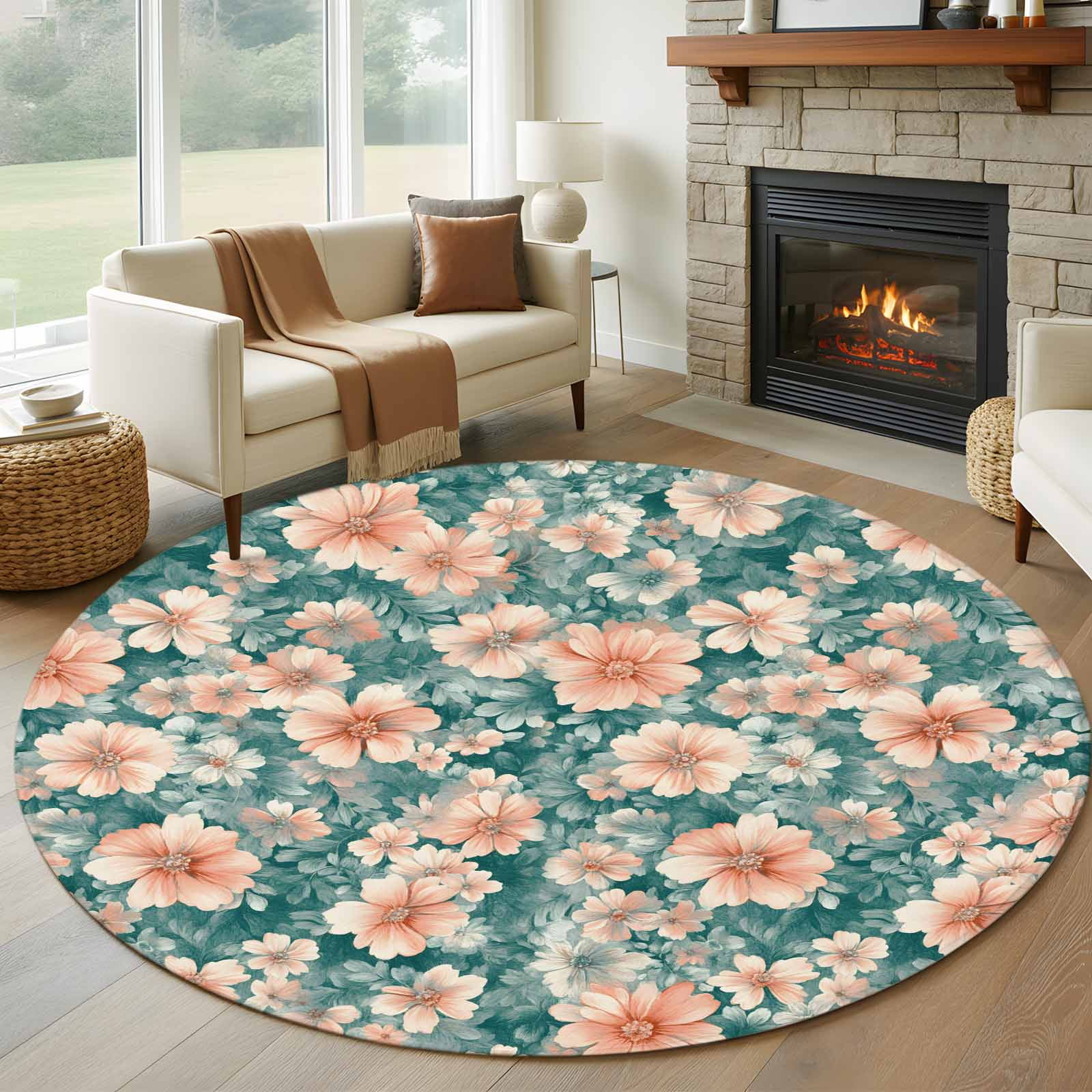Botanical Flowers Round Area Rug 5ft, Vintage Spring Garden Florals Art ...