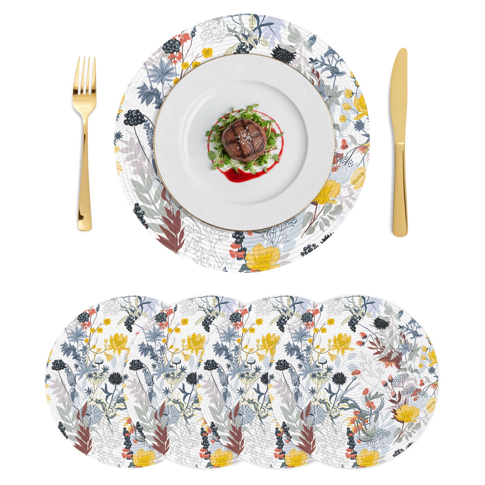 Botanical Flowers Round Placemats Set of 4, Braided Polypropylene Place ...