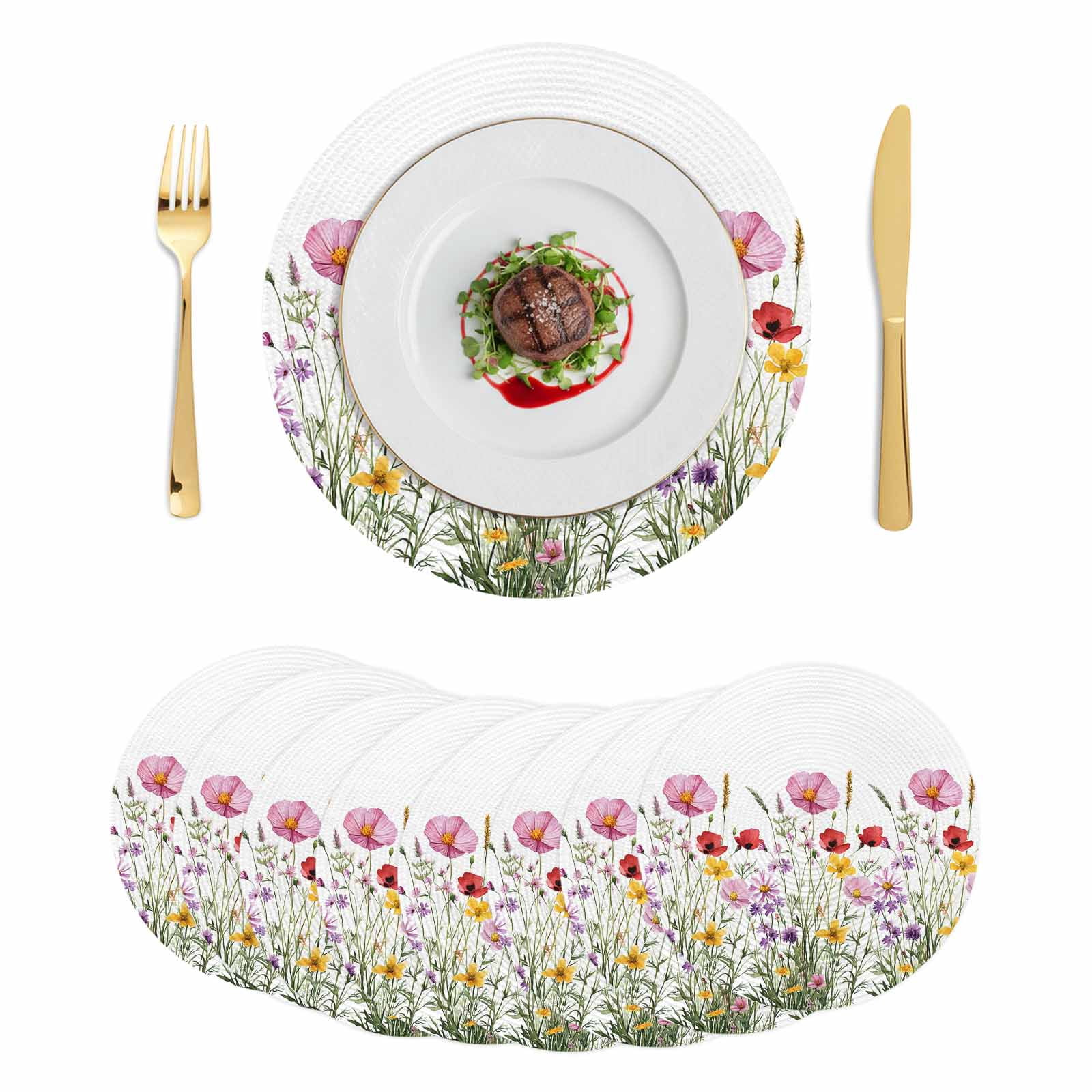 Botanical Flowers Round Placemats Set of 8 Spring Budding Wild Floral ...