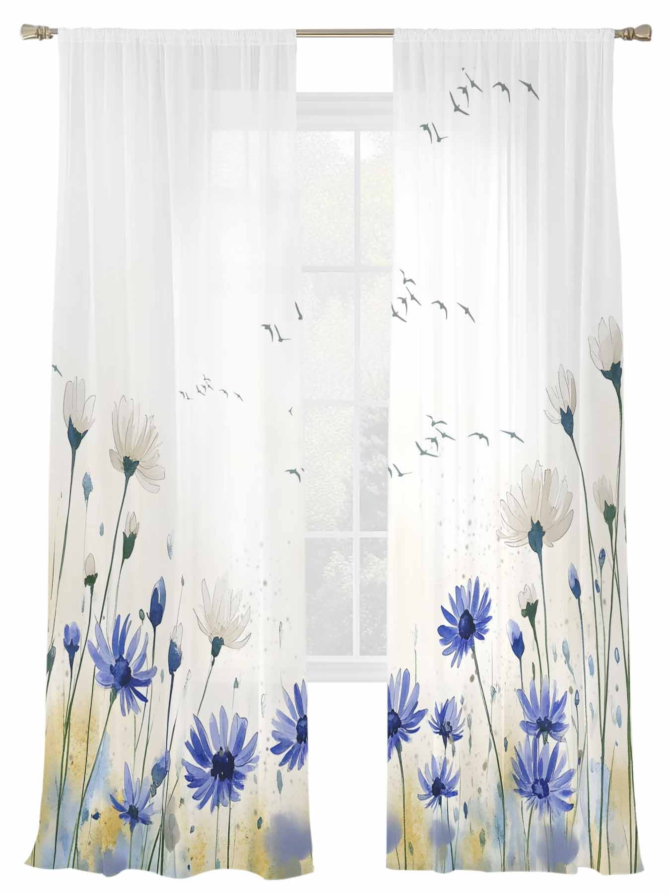 Botanical Flowers Sheer Curtains 108 Inch Length 2 Panels Set, Semi ...