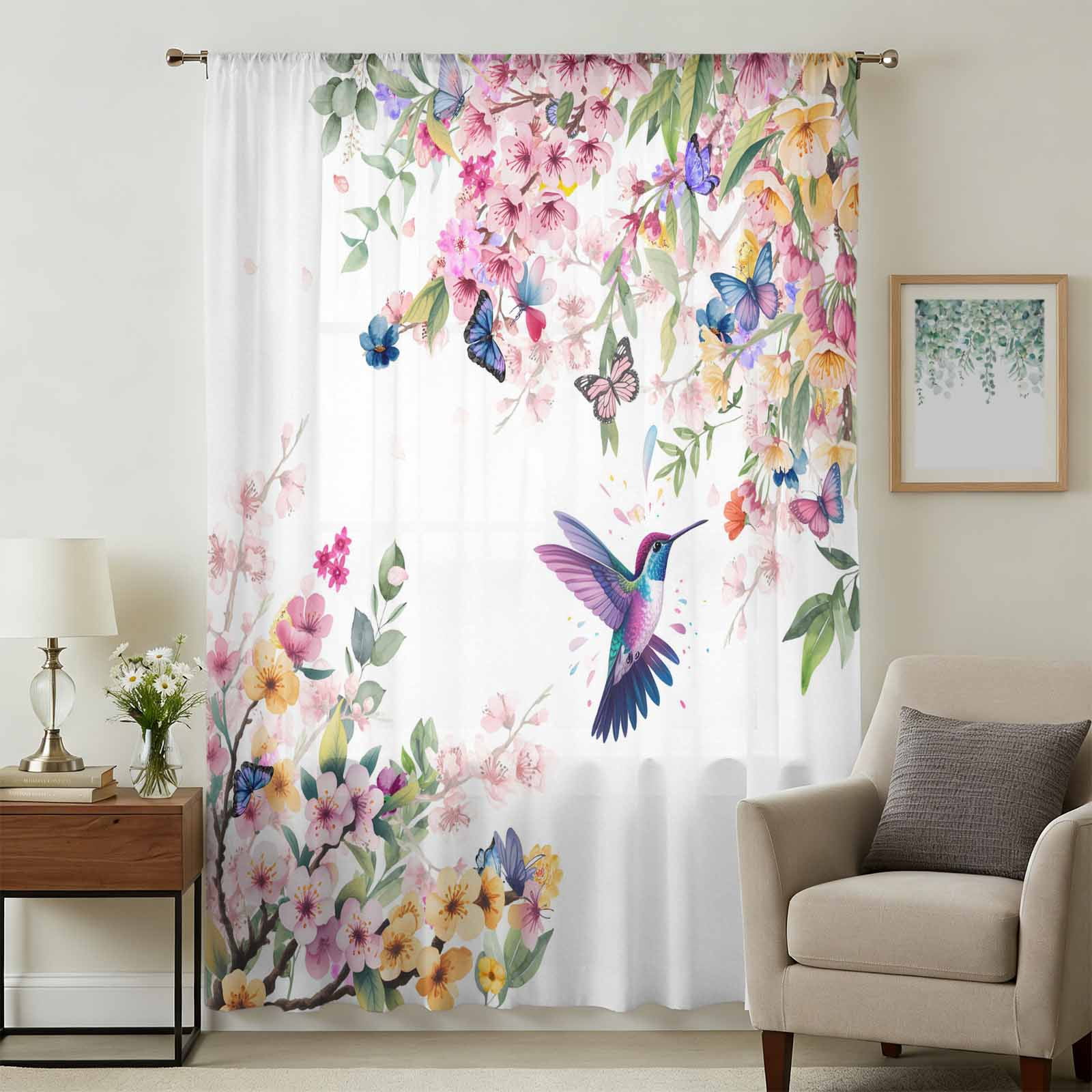 Botanical Flowers Sheer Curtains 45 Inches Long, Watercolor Floral Bird ...