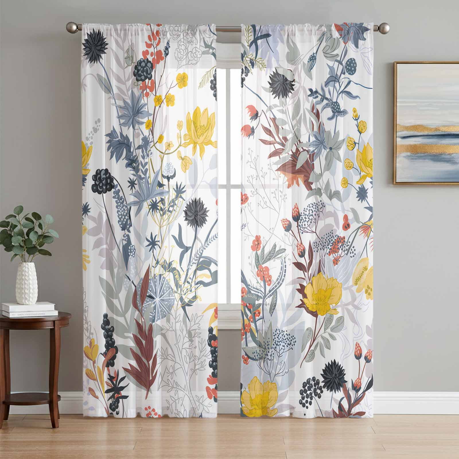 Botanical Flowers Sheer Curtains 63 Inch Length 2 Panels Set, Farmhouse ...