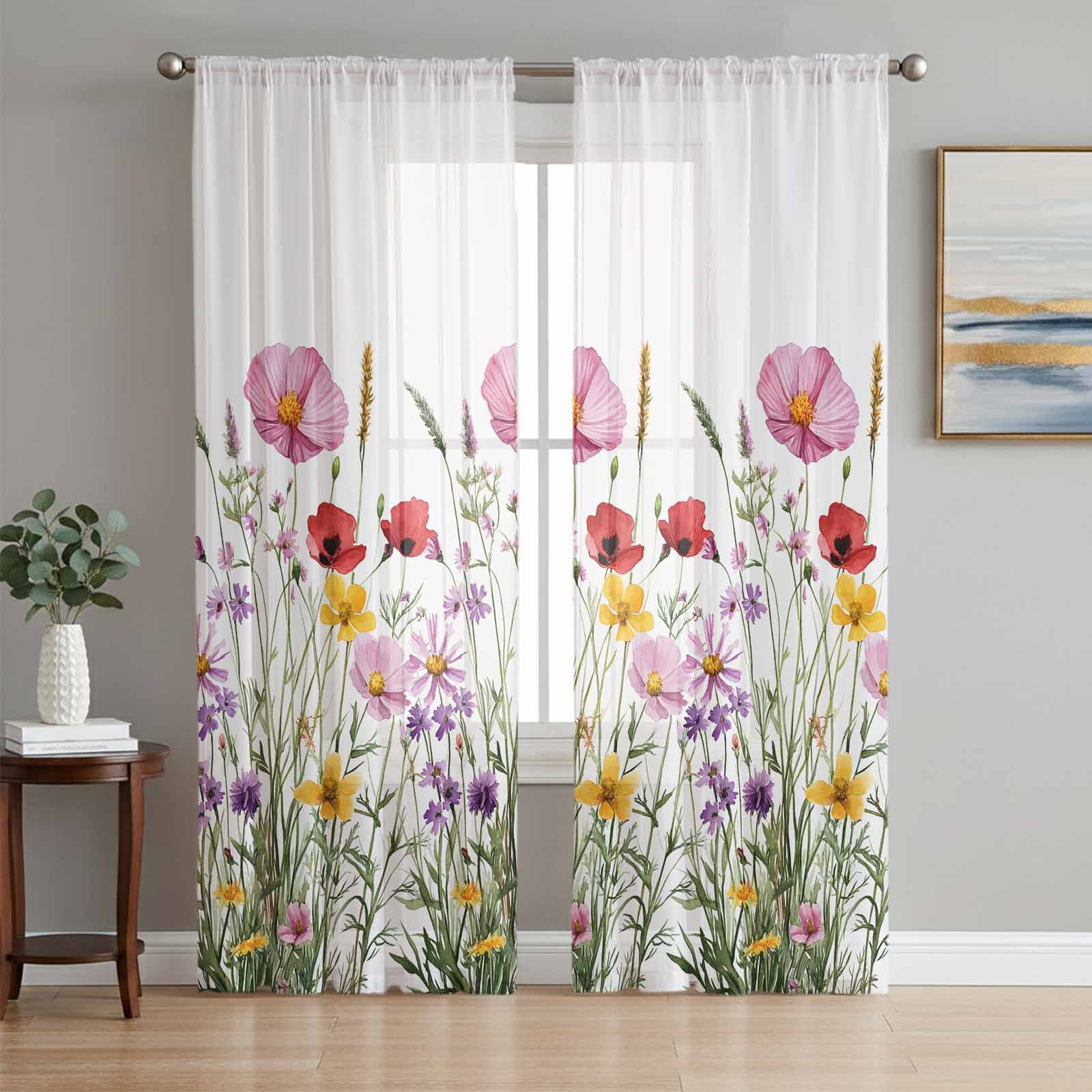 Botanical Flowers Sheer Curtains 72 Inch Length 2 Panels Set, Spring ...