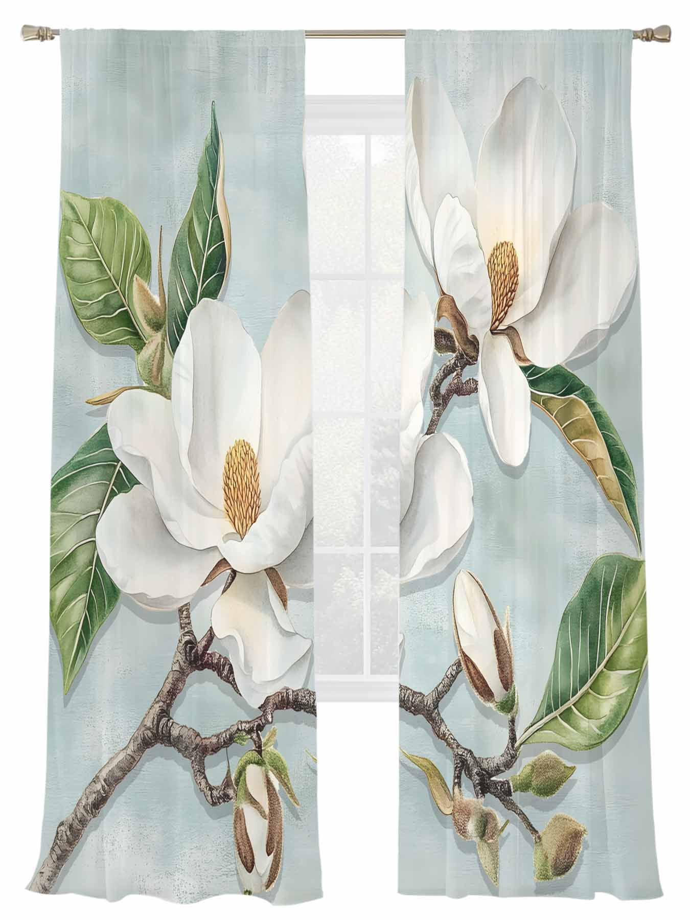 Botanical Flowers Sheer Curtains 84 Inch Length 2 Panels Set, Semi ...