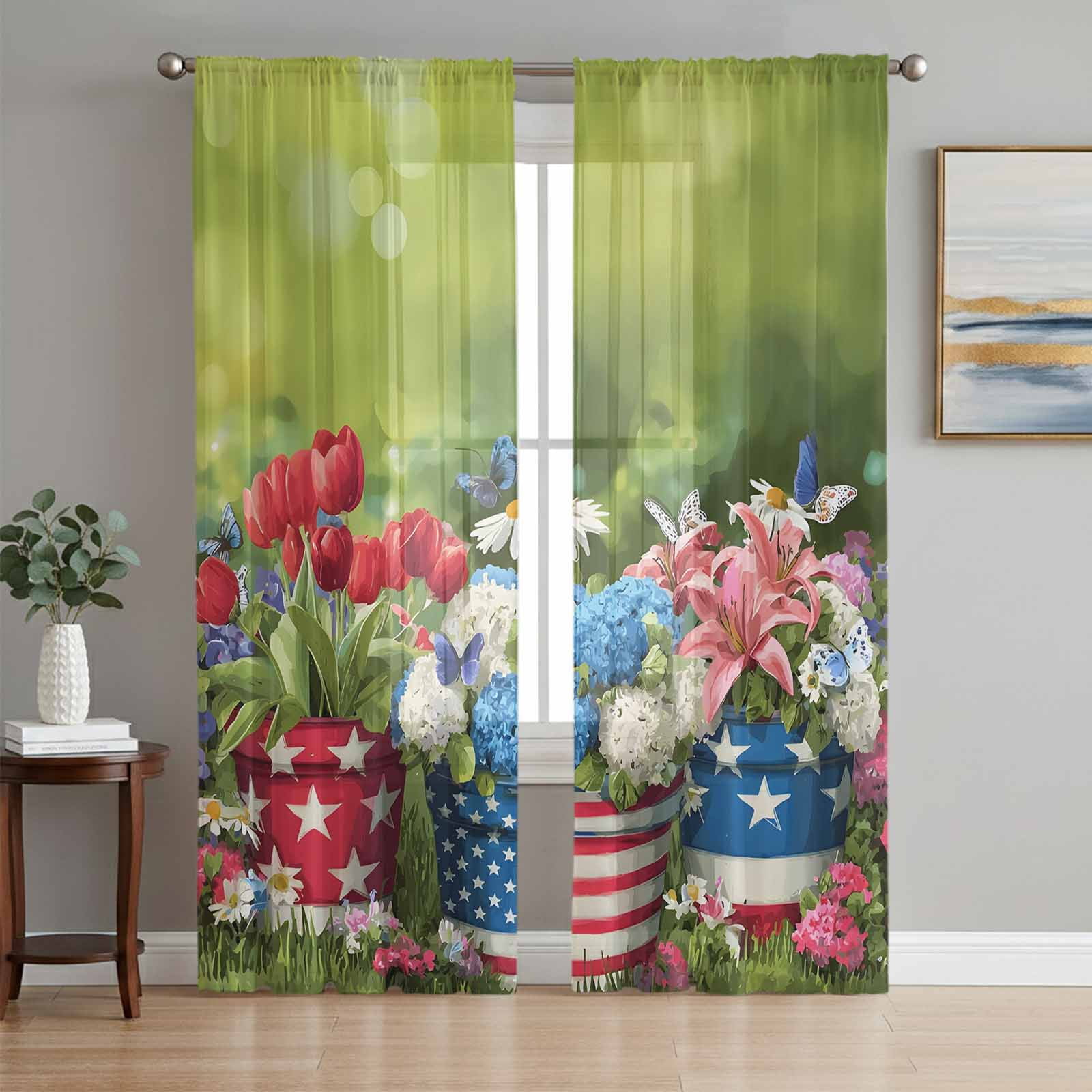 Botanical Flowers Sheer Curtains for Living Room Bedroom 4th of July ...