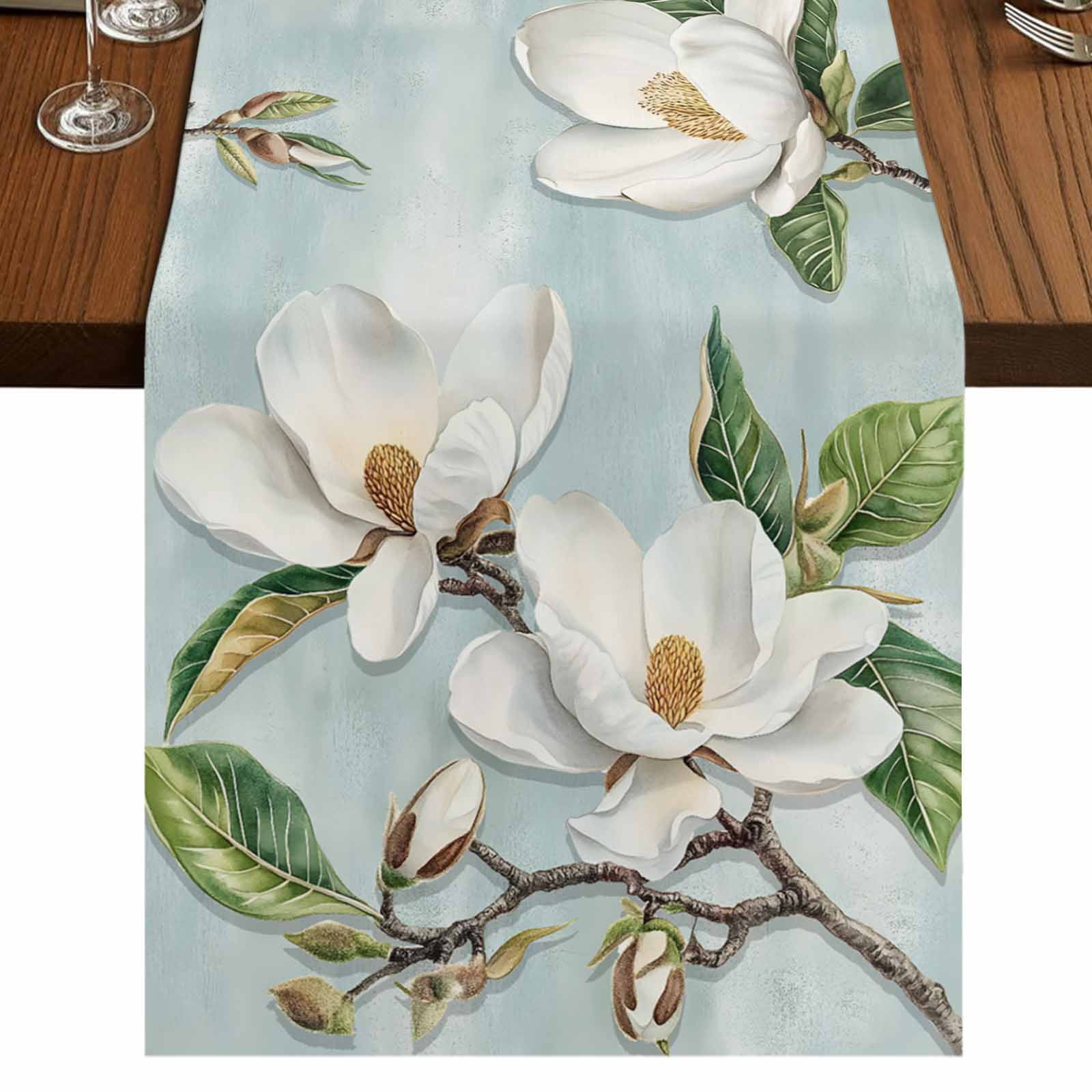 Botanical Flowers Short Table Runner 60 Inches Long,Country Magnolia ...