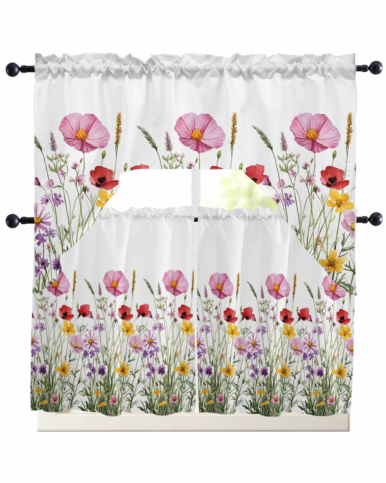 Botanical Flowers Swag Kitchen Curtains Sets for Windows 24 Inch Length ...