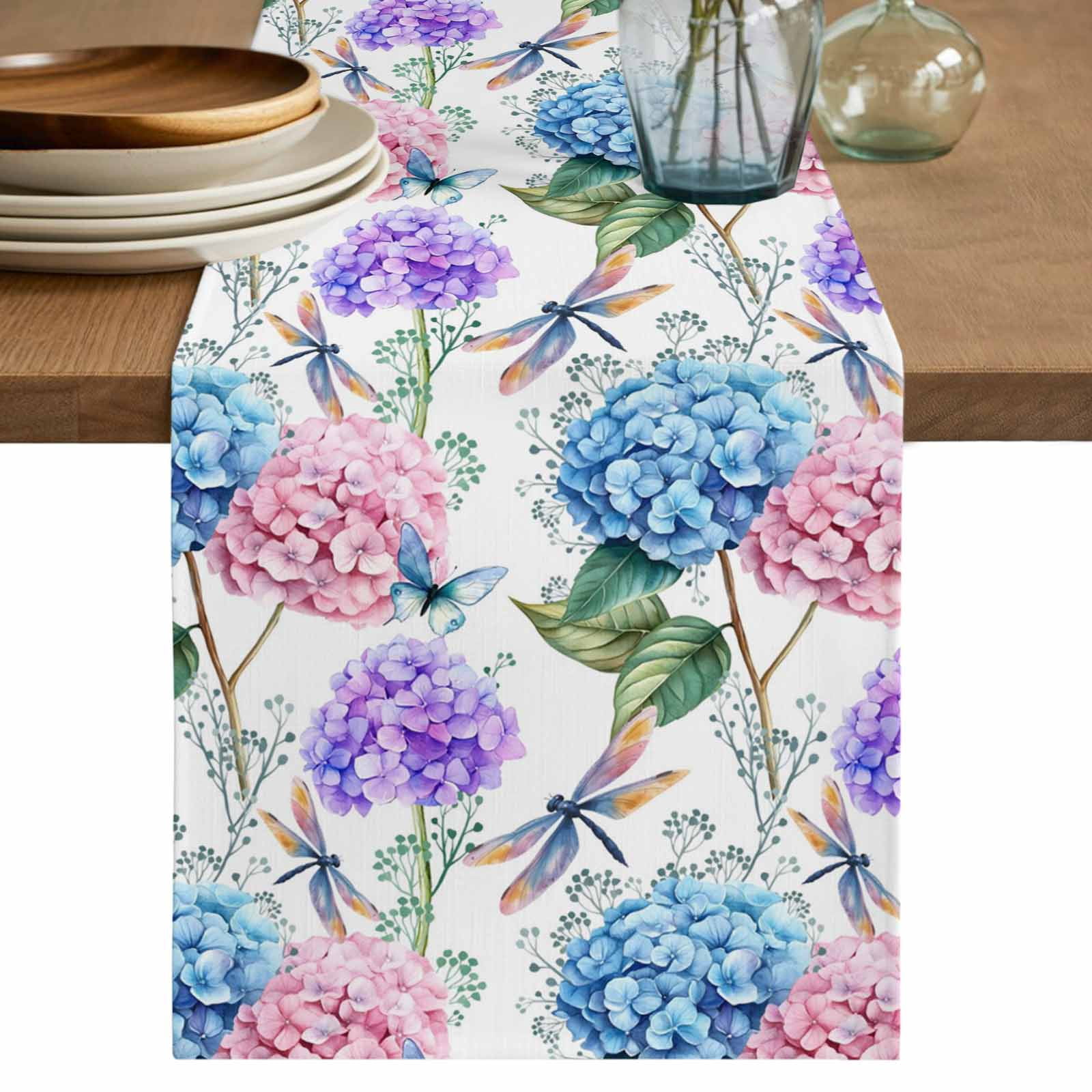 Botanical Flowers Table Runner 36 Inches, Spring Blue Pink Purple ...