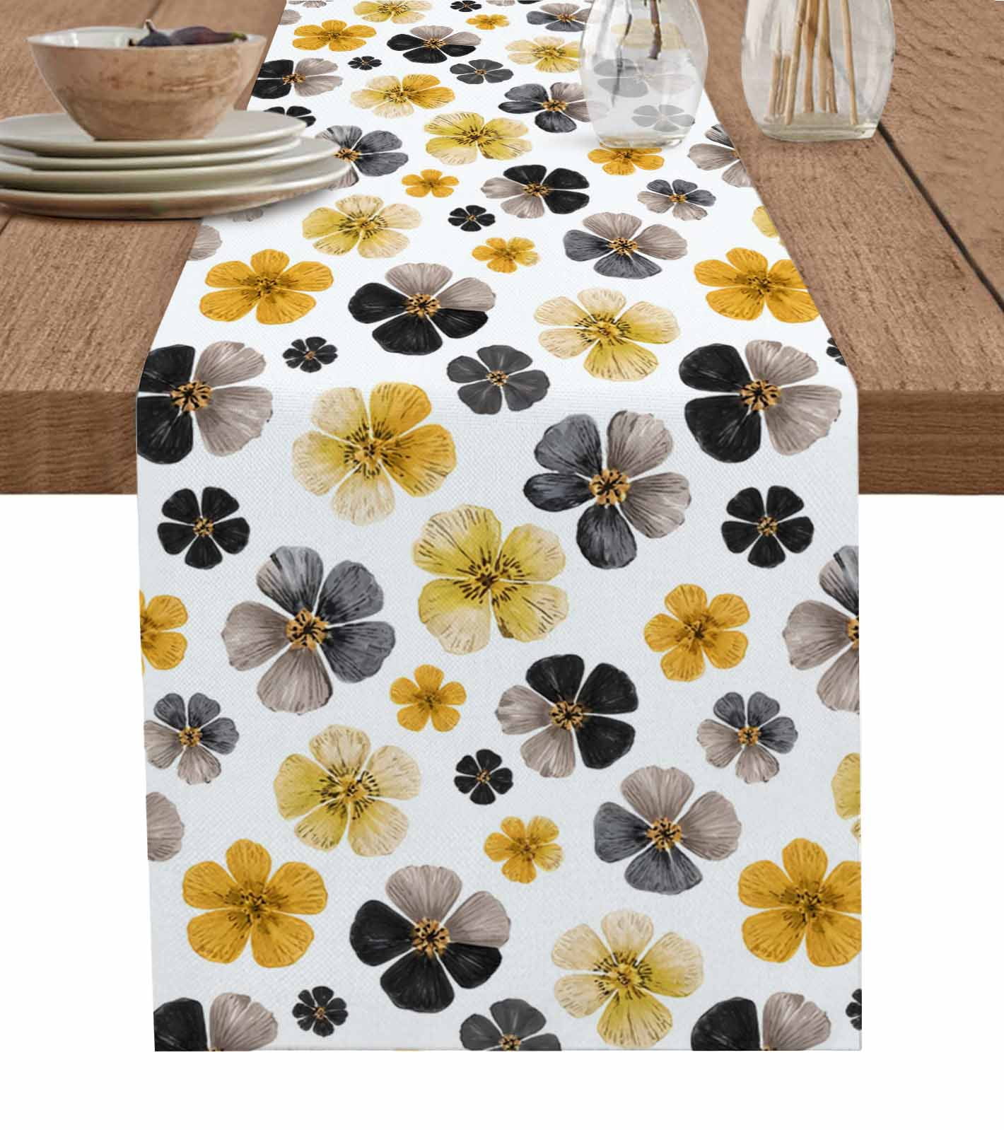 Botanical Flowers Table Runner 72 Inches, Farmhouse Yellow Gray Floral ...